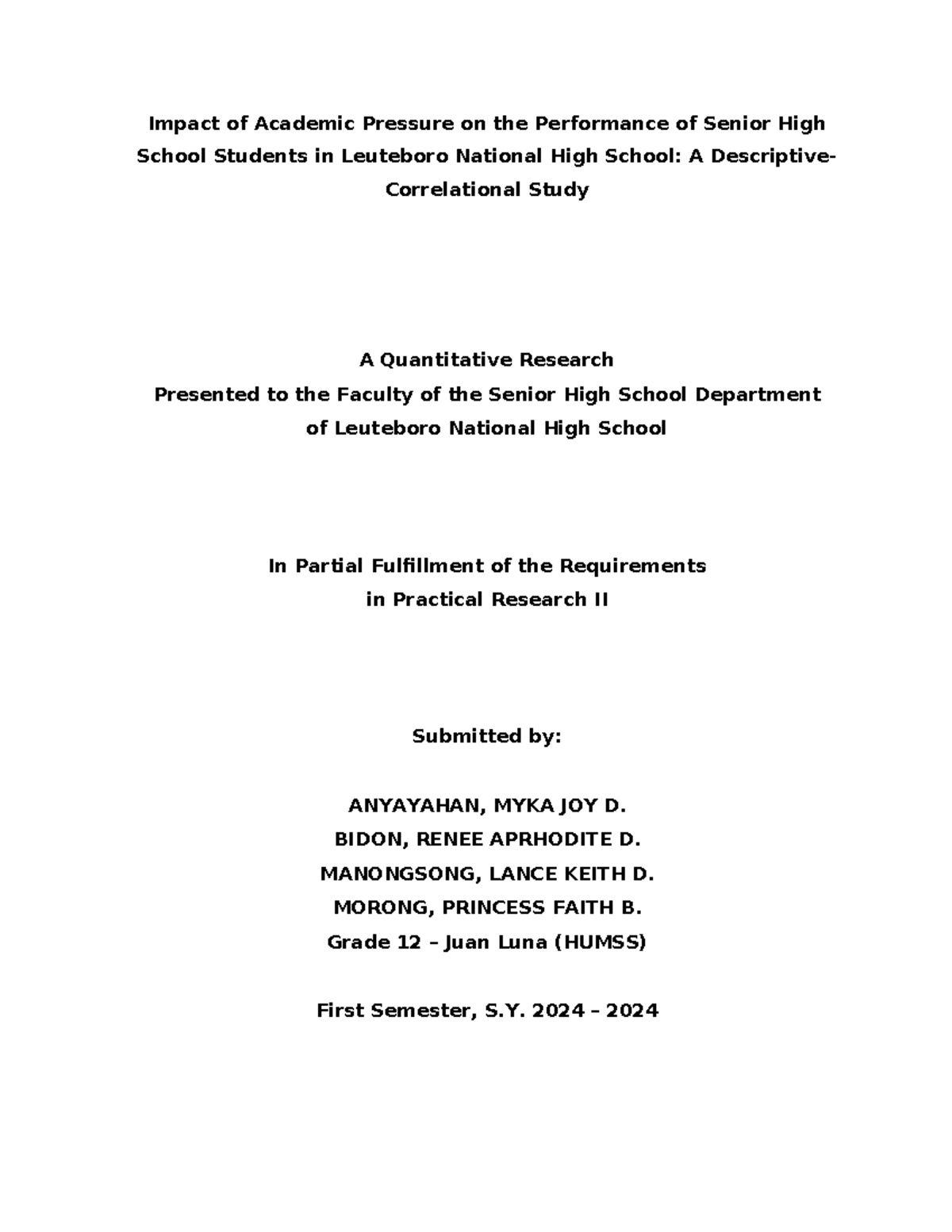 Impact of Academic Pressure on Senior High School Students: A Study for ...
