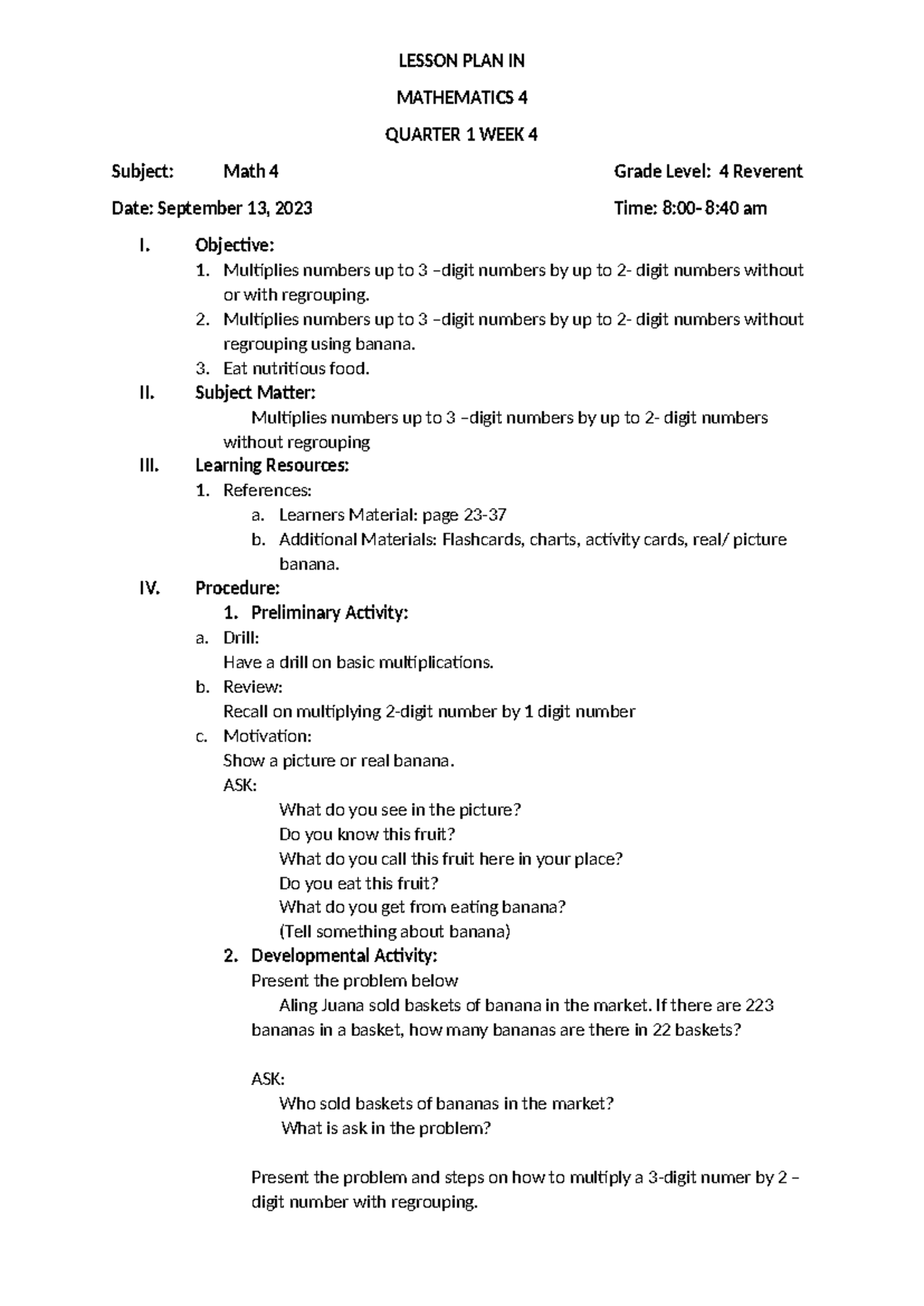 Mathematics 4 Lesson Plan: Quarter 1 Week 4 Activities - Studocu