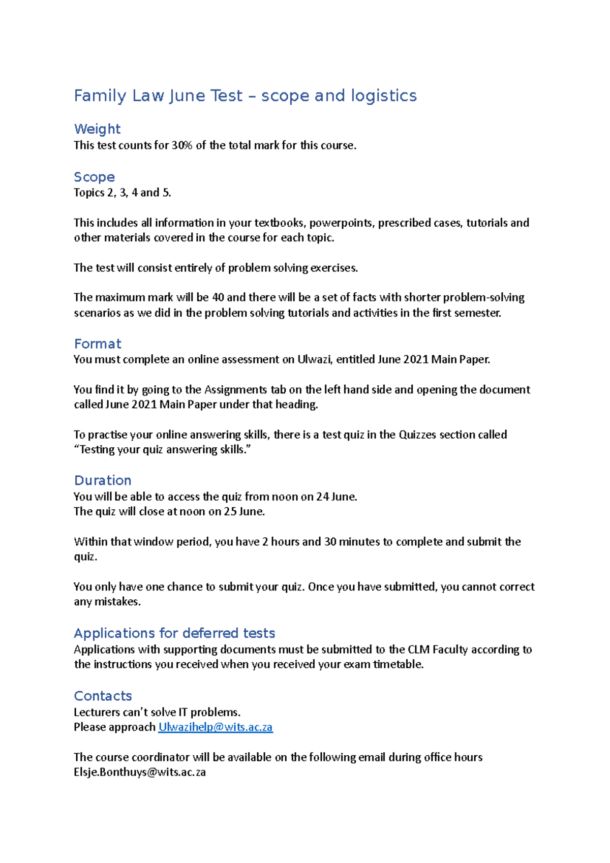 Family Law 2021 June Test Scope and Format Details - Studocu