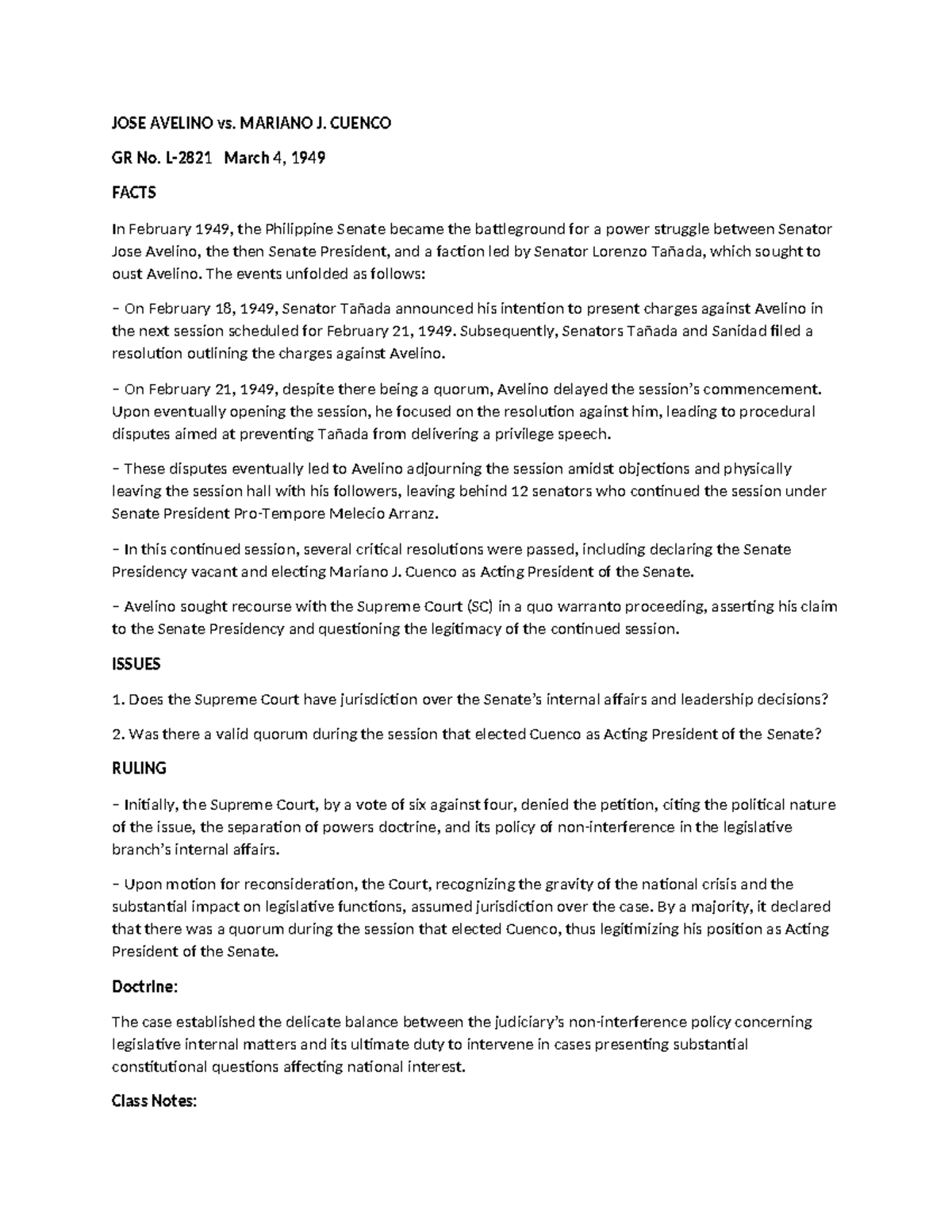 GR No. L-2821 Case Study: Avelino vs. Cuenco - Senate Leadership Crisis ...