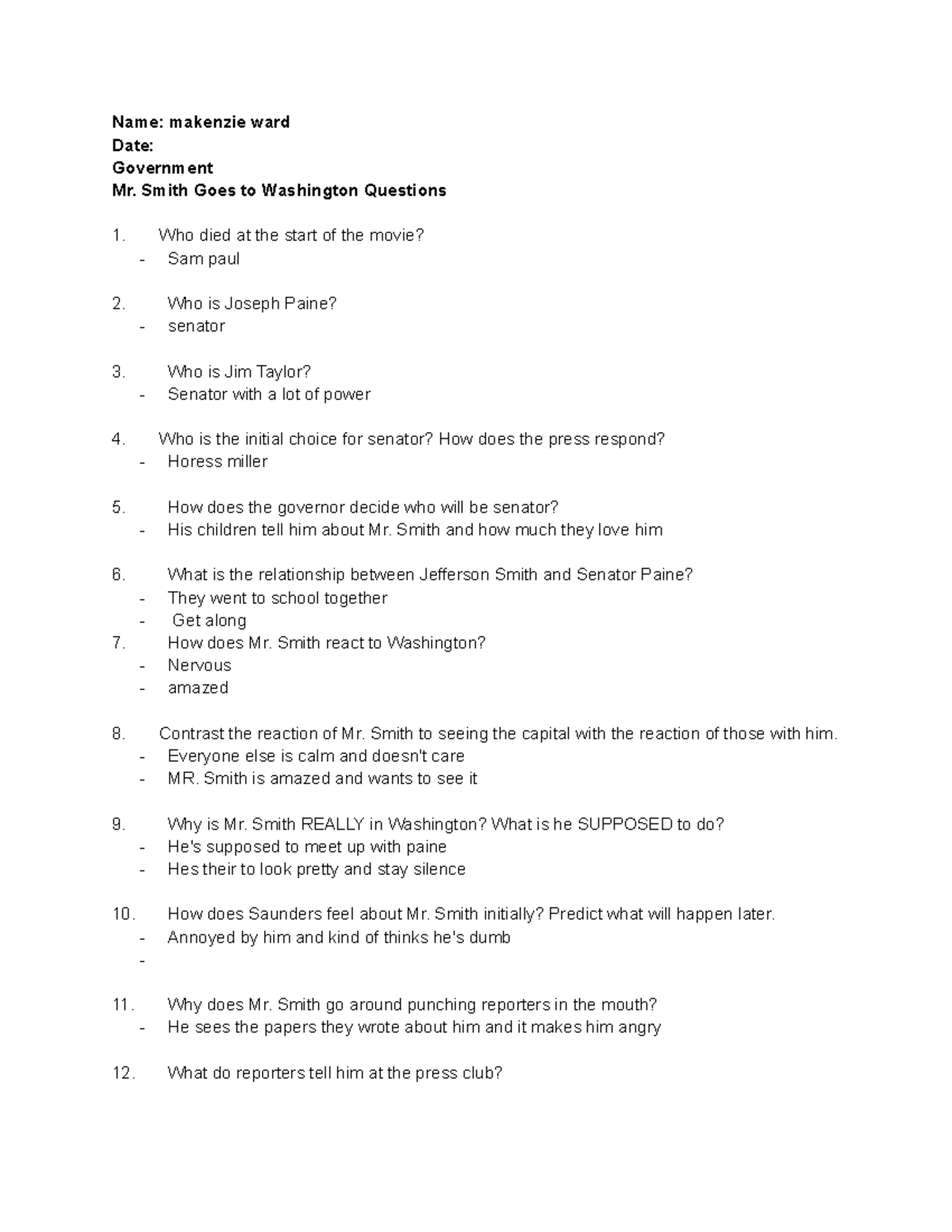 Government 101: Mr. Smith Goes to Washington Questions & Analysis - Studocu