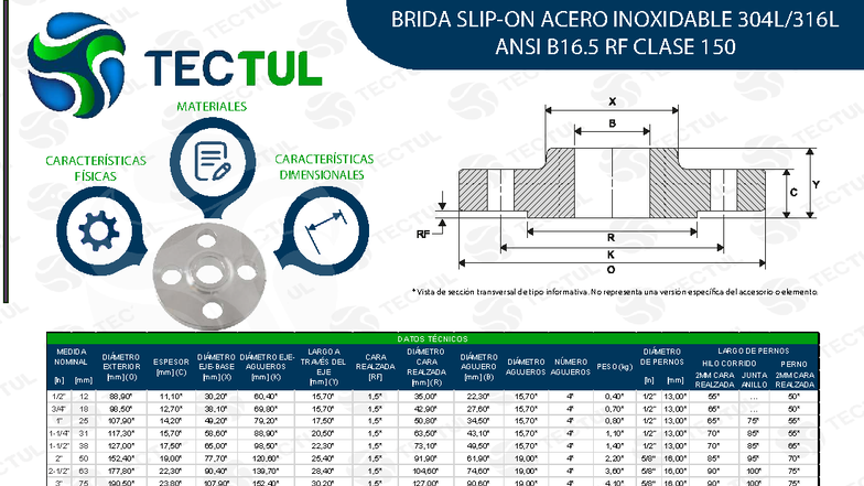 Brida Inoxidable Slip-On ANSI B16.5 RF Clase 150: Características y ...