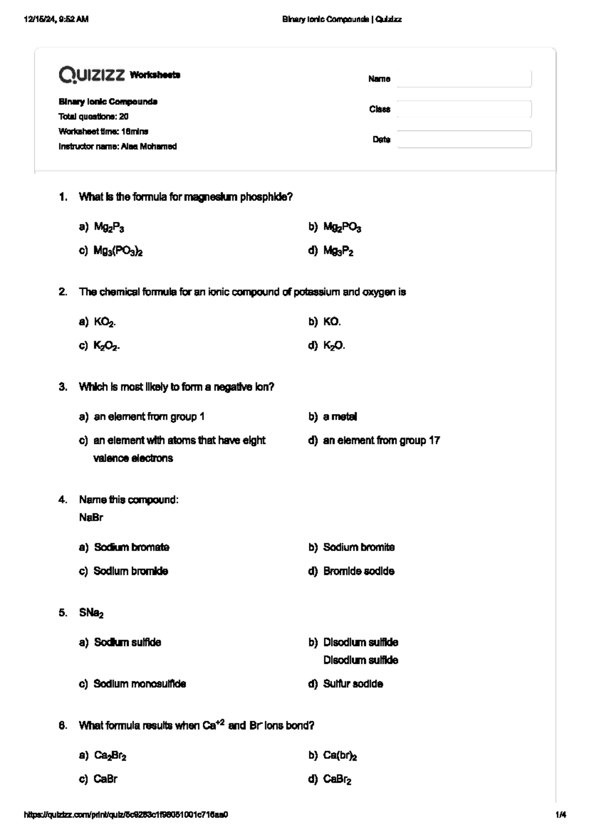 Binary Ionic Compounds I Quizizz (9:52 AM) - Study Notes - Studocu