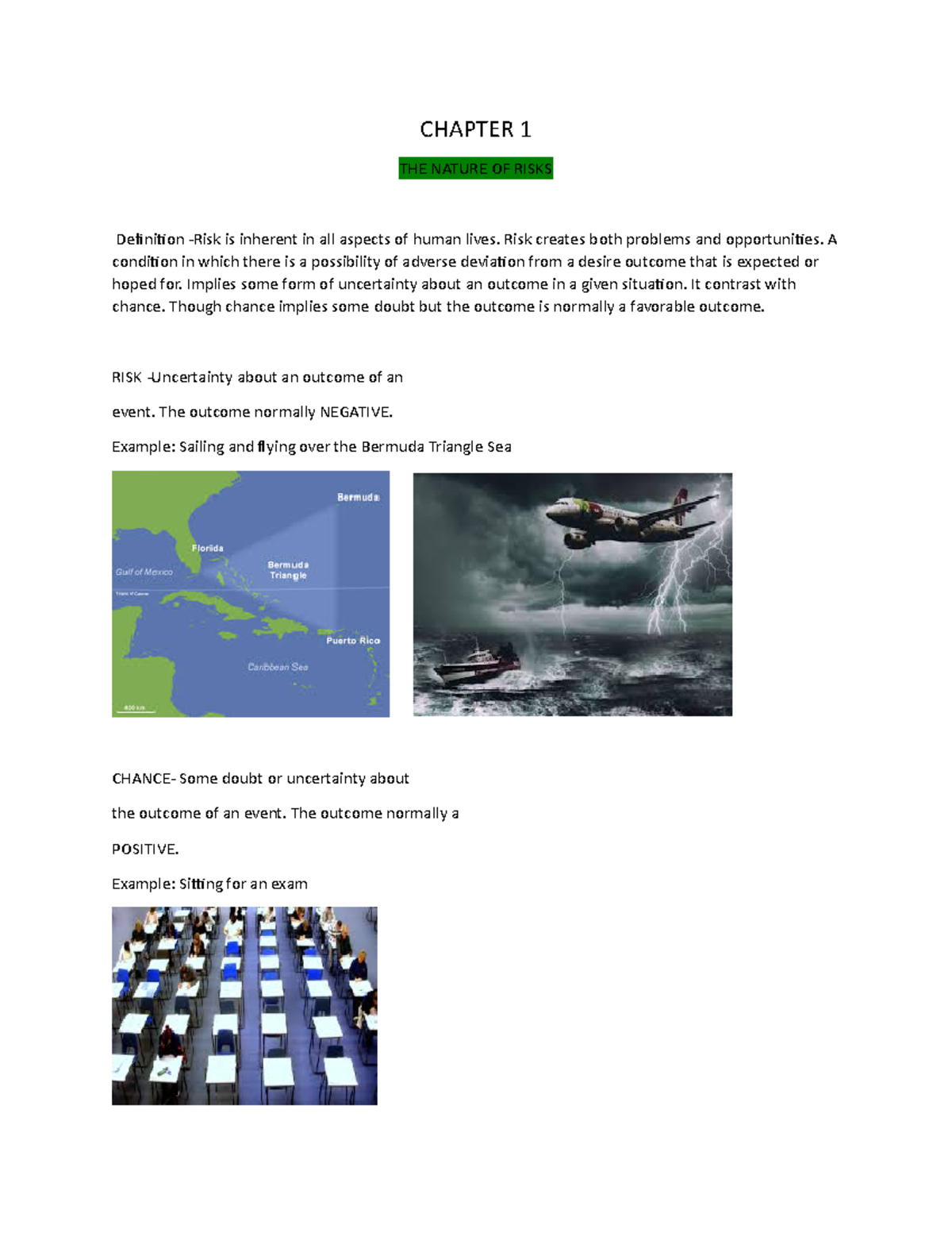 Chapter 1- Insurance - INS200 - CHAPTER 1 THE NATURE OF RISKS Definition -Risk is inherent in ...