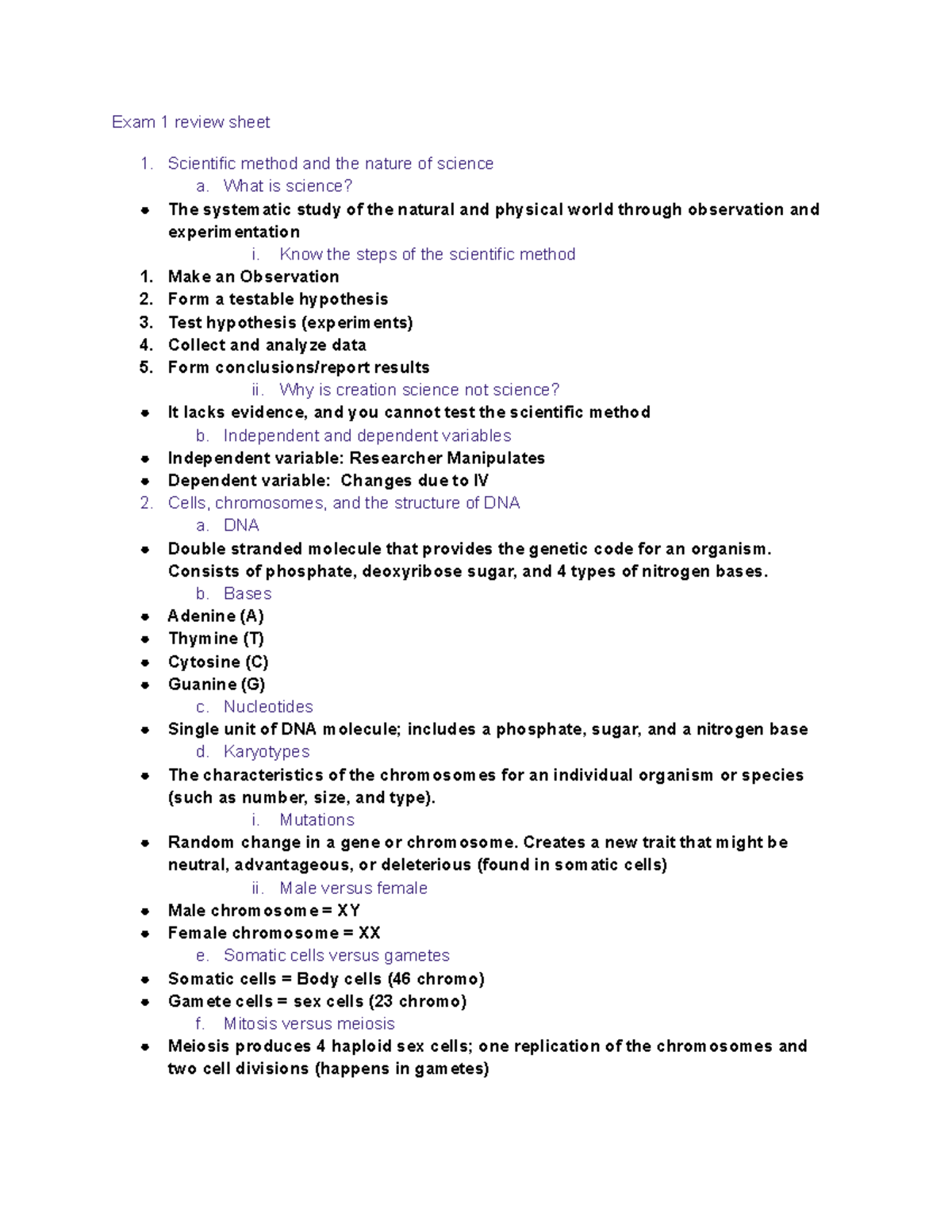 Genetics and Cell Biology Exam 1 Review Sheet: Scientific Method & Key ...