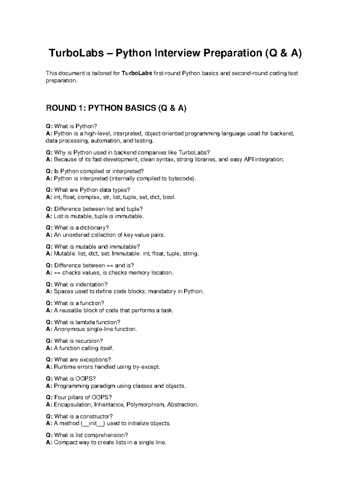 TurboLabs Python Interview Prep: Basics & Coding Q&A - Studocu