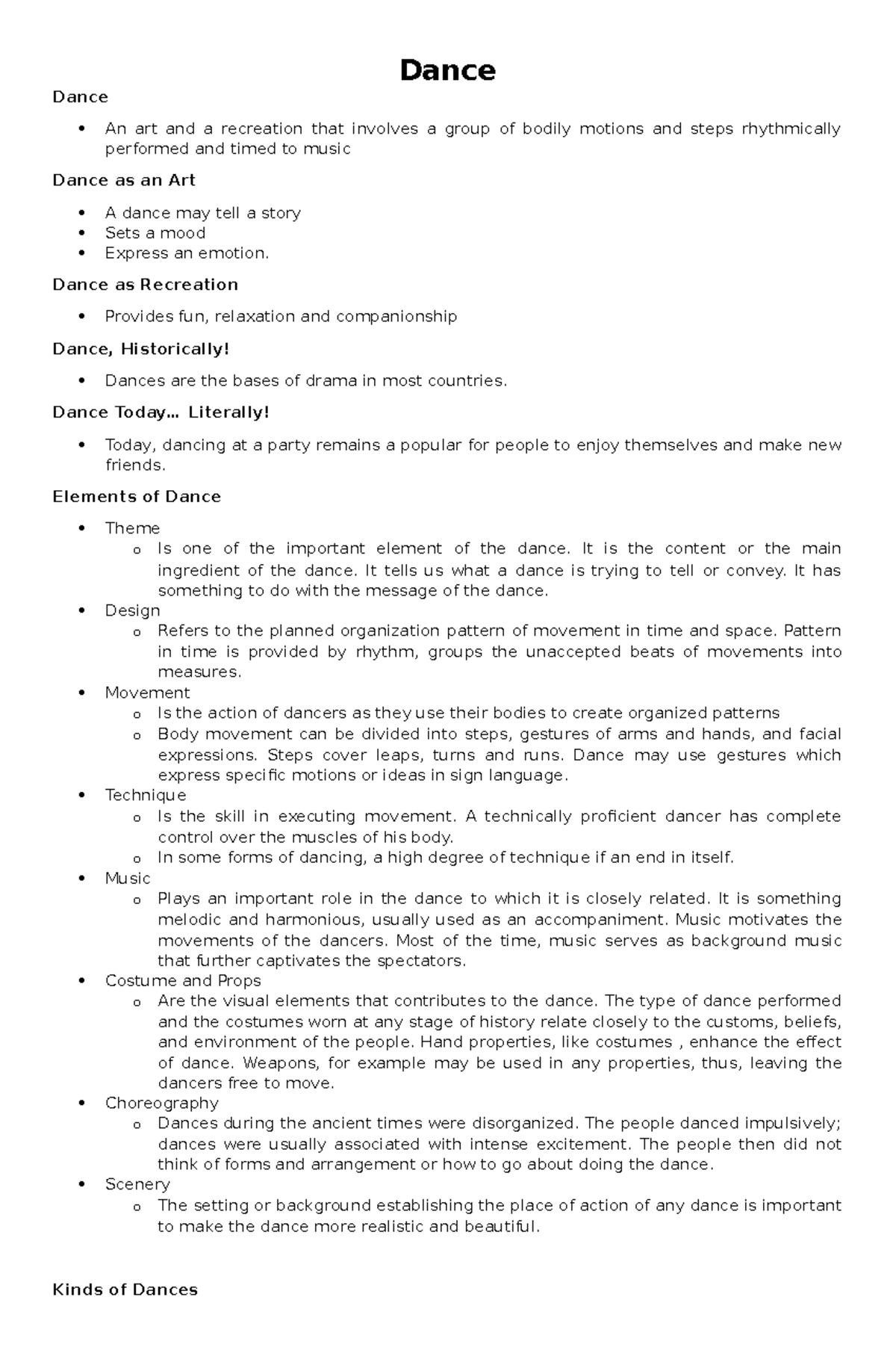 Dance - PDF Converted Notes - Dance Dance An art and a recreation that ...