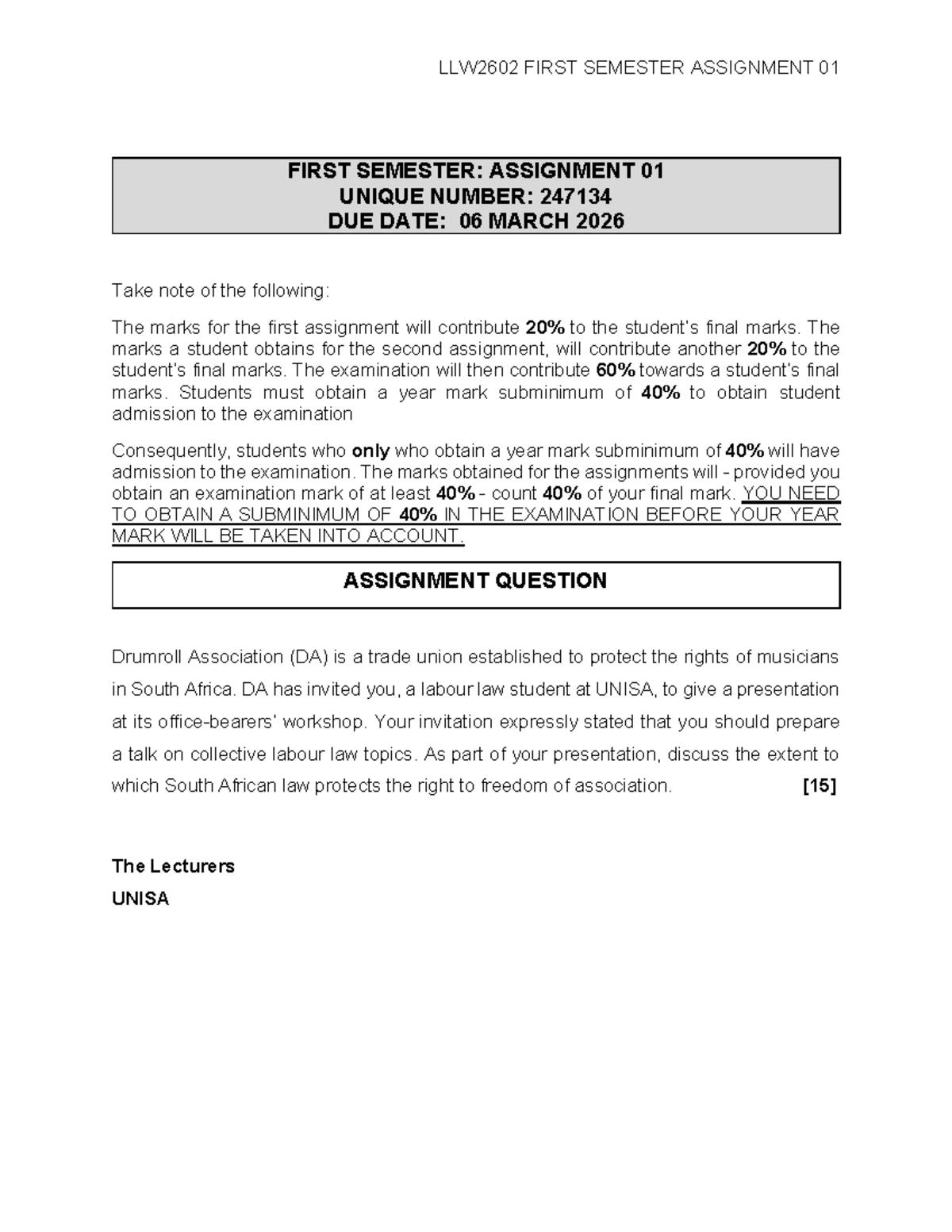 LLW2602 2026 Assignment 01: Freedom of Association in SA Law - Studocu