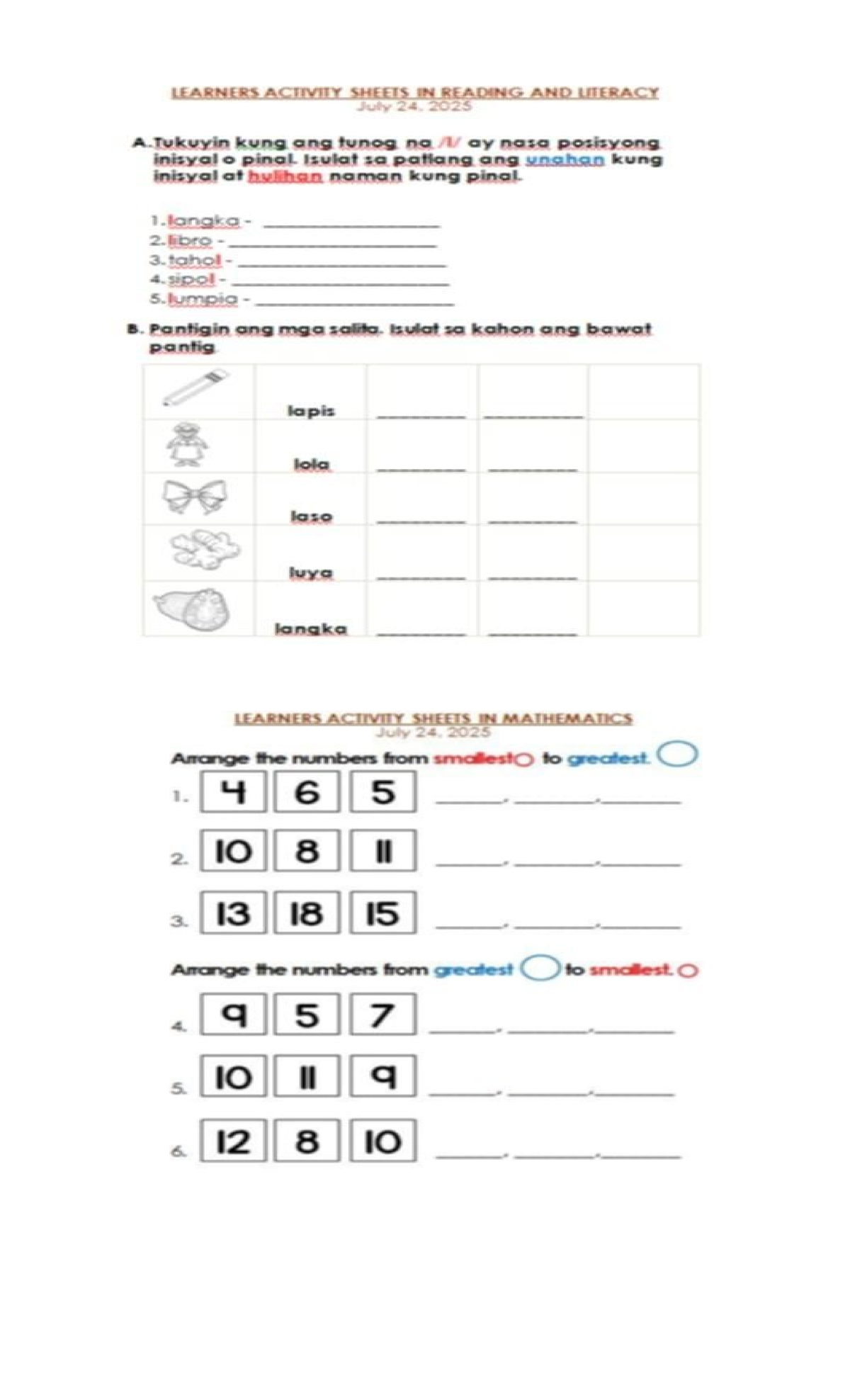 Grade 1 Learners Activity Sheets in Reading & Math - Studocu