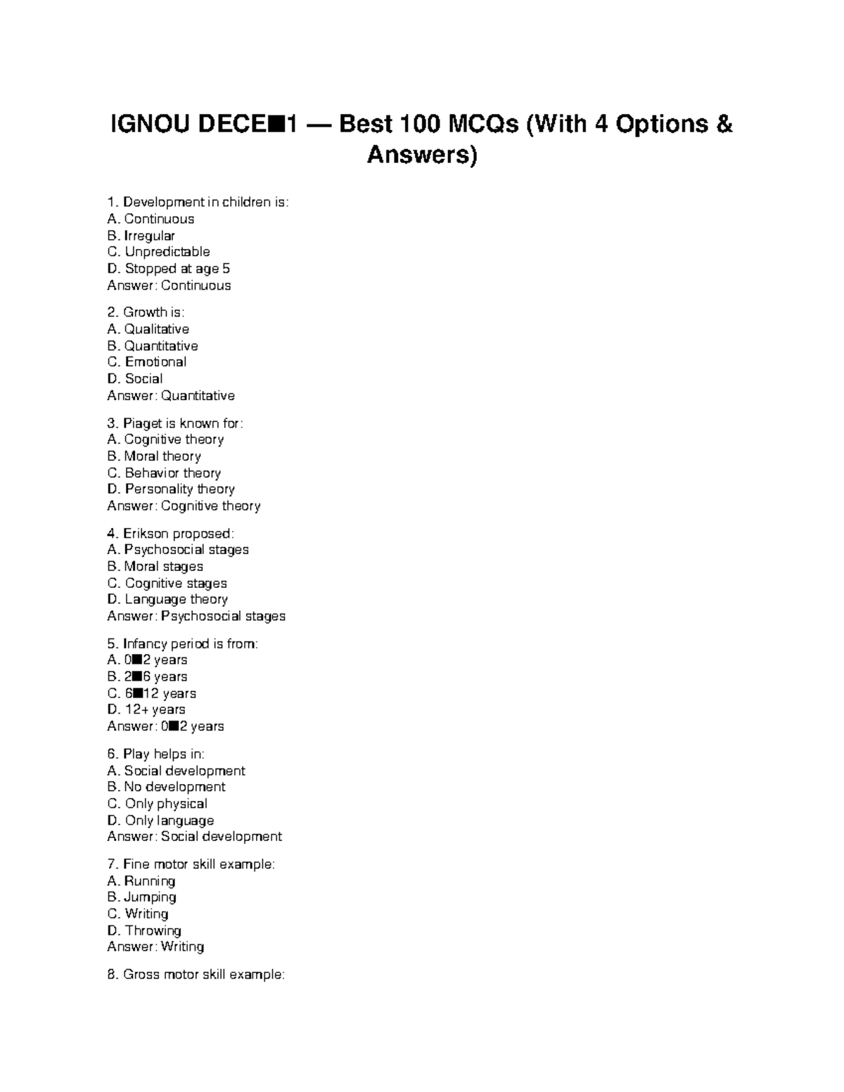 IGNOU DECE-1: Best 100 MCQs on Child Development - Studocu