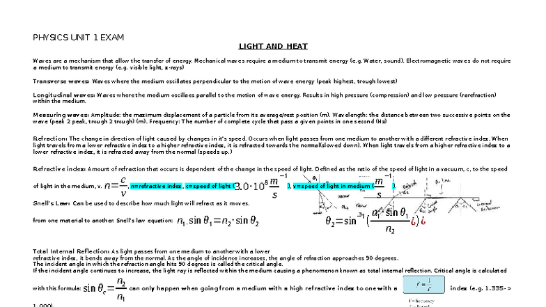PHYSICS UNIT 1 EXAM CHEAT SHEET: LIGHT AND HEAT CONCEPTS - Studocu