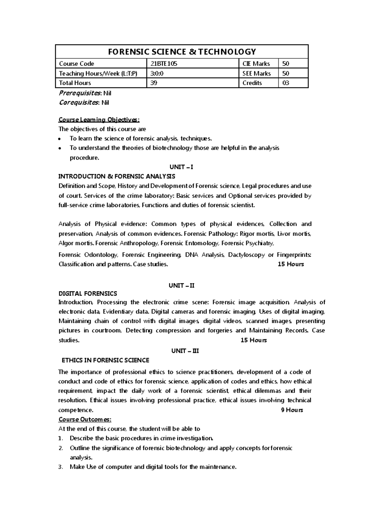 Syllabus for Forensic Science & Technology 21BTE105 - Studocu