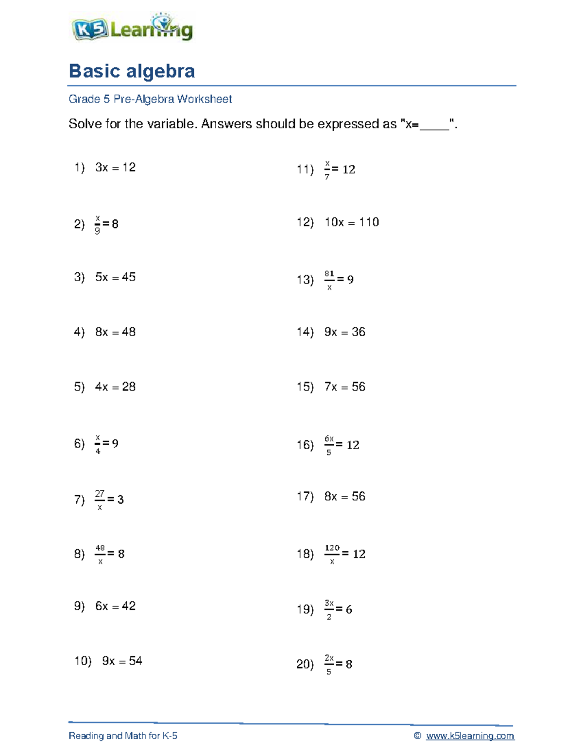 Grade 5 Basic Algebra Worksheet: Solve for the Variable - Studocu