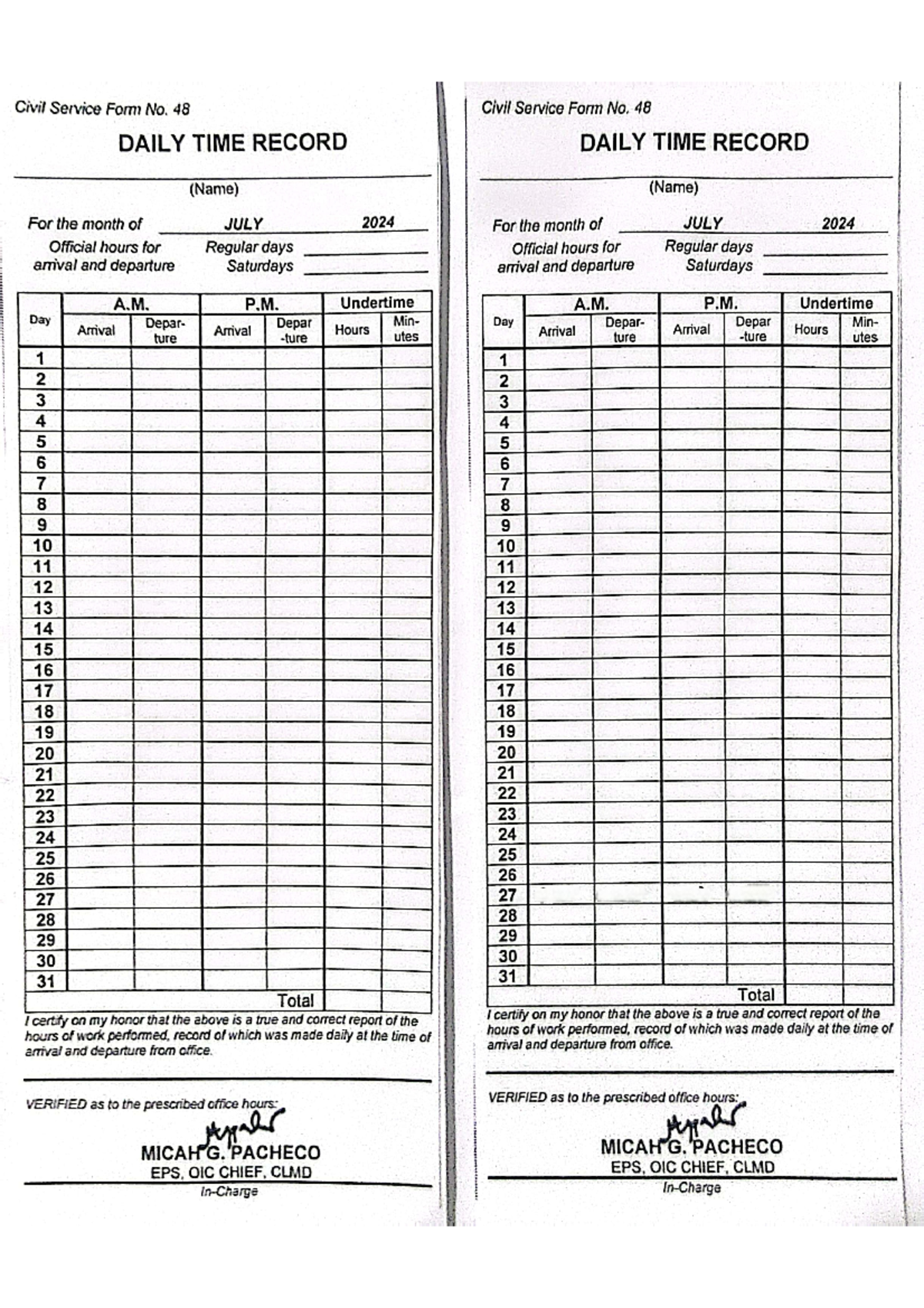 Civil Service Form No. 48: Daily Time Record for July 2024 - Studocu