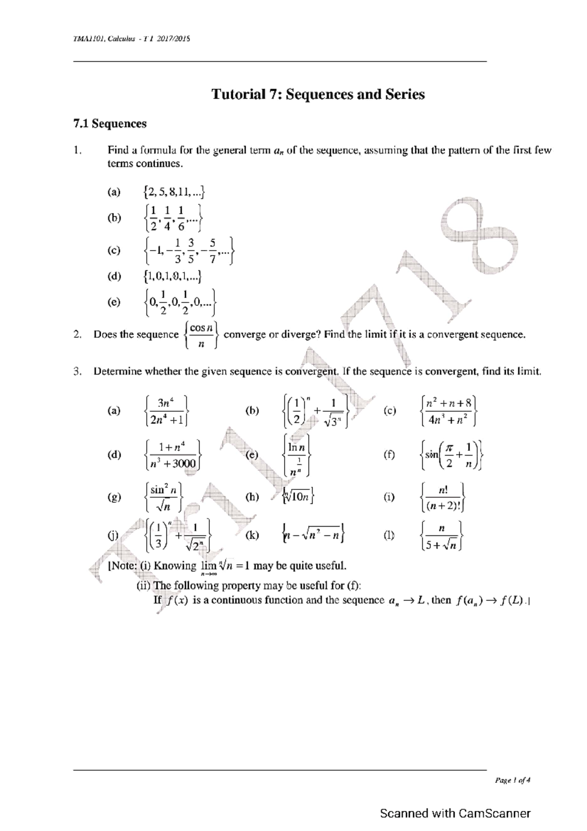 TMA1101 Tutorial 07 - Sequences and Series - Calculus - Studocu