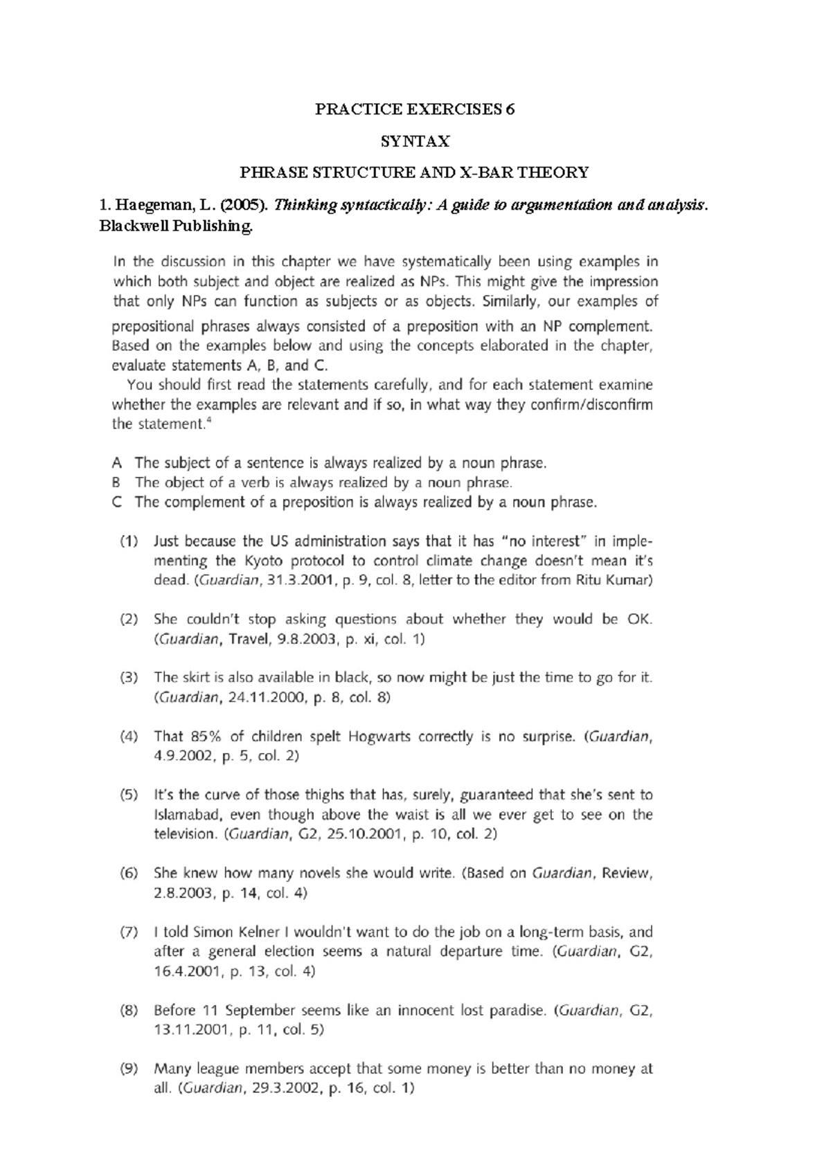Practice Exercises: Syntax - Phrase Structure & X-Bar Theory - Studocu