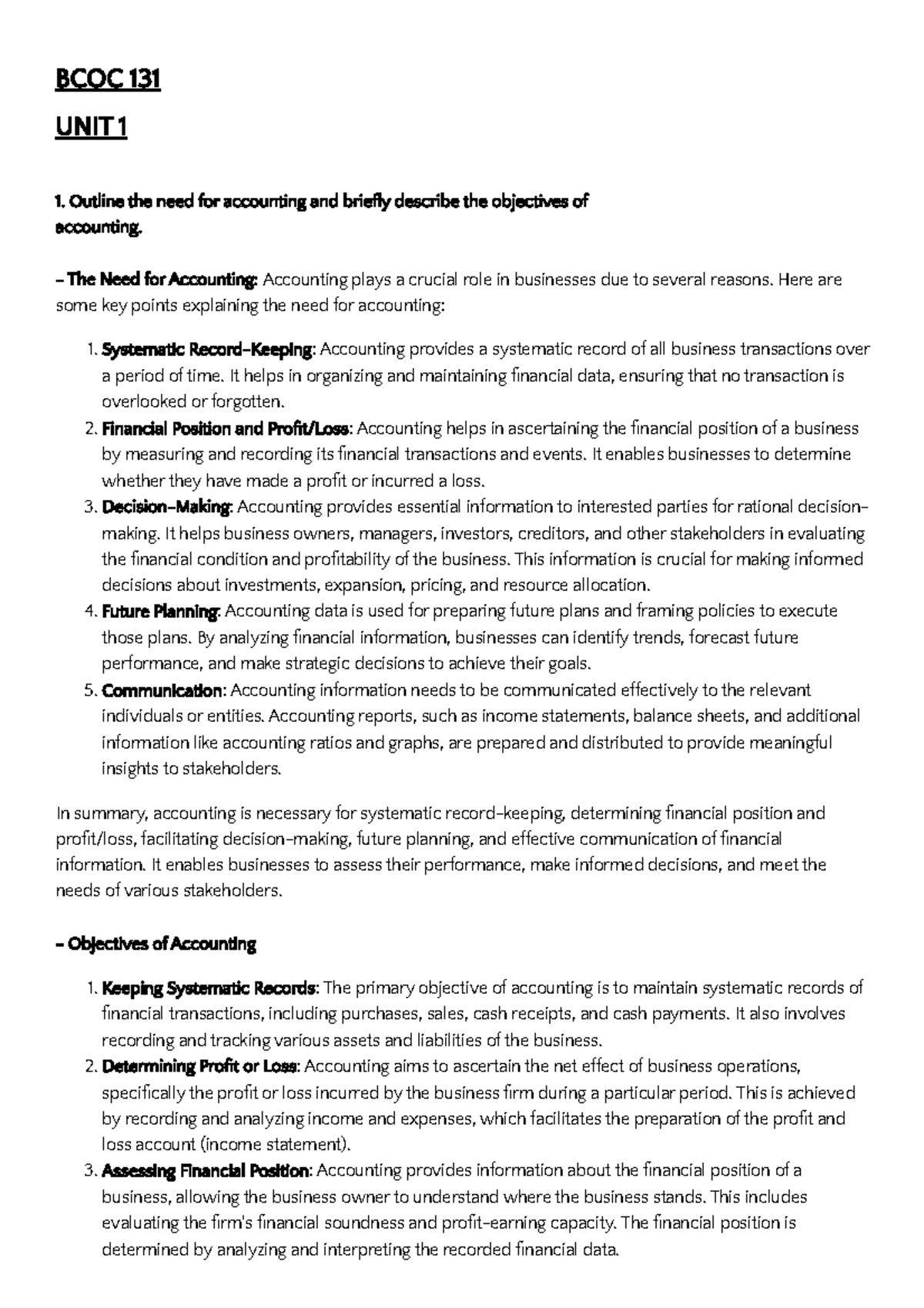 BCOC 131: Importance of Accounting - Unit 1 Overview - Studocu
