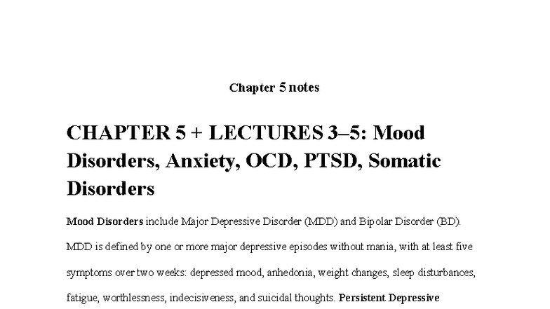 Chapter 5 Notes: Mood Disorders, Anxiety, OCD, PTSD, and More - Studocu