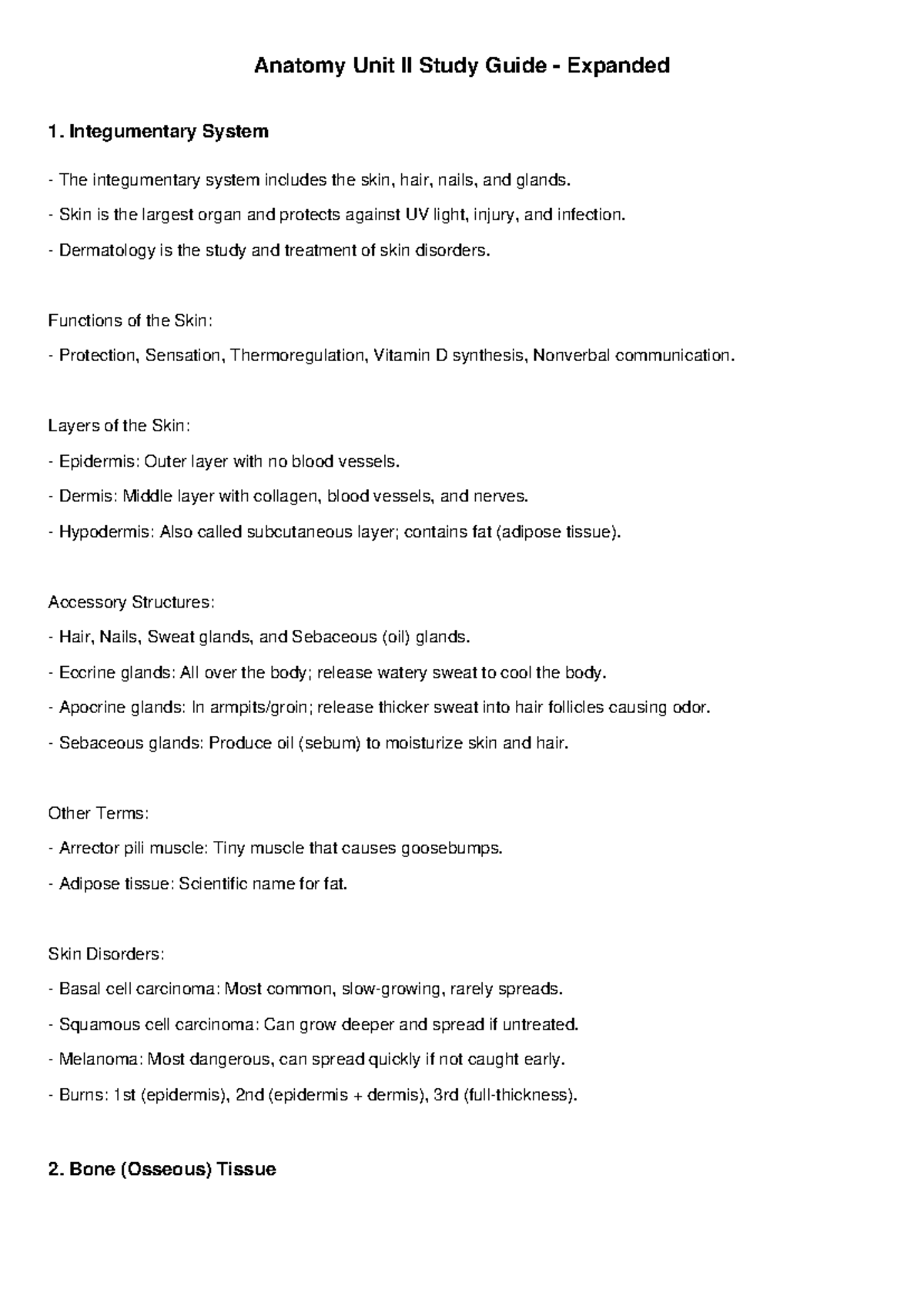 Anatomy Unit II Study Guide: Integumentary & Skeletal Systems Overview ...