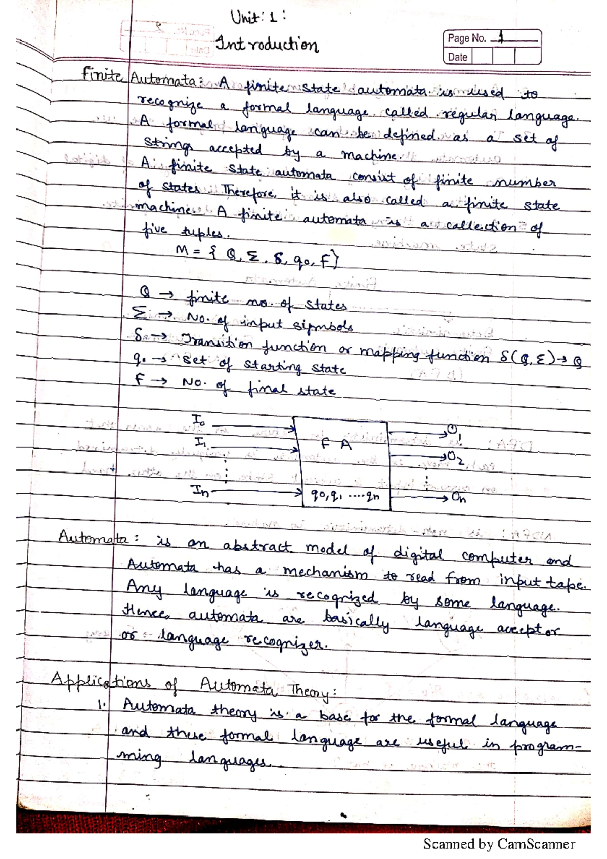 Theory of automata - Unit-1 Handwritten notes - TAFL Jh heory Autom ata ...