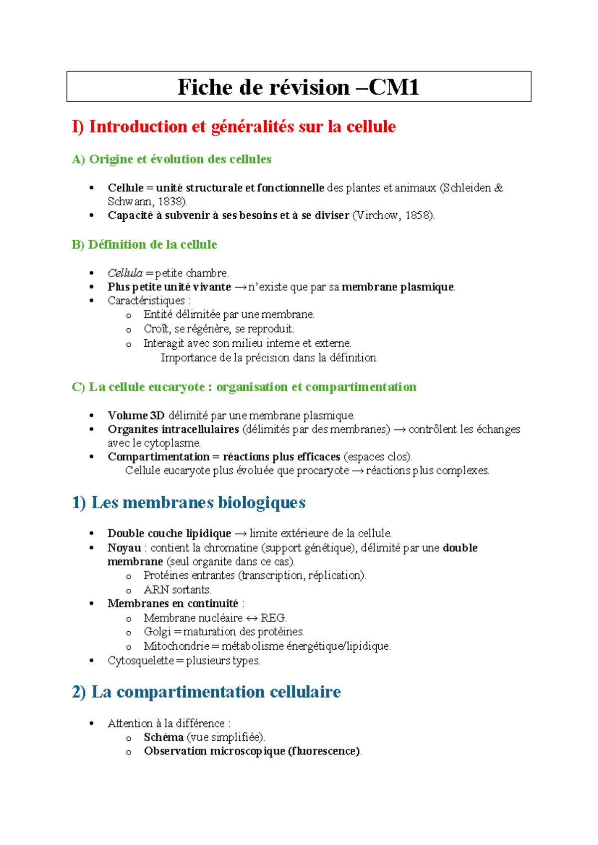 Fiche de révision CM - Biologie Cellulaire : Concepts et Mécanismes ...