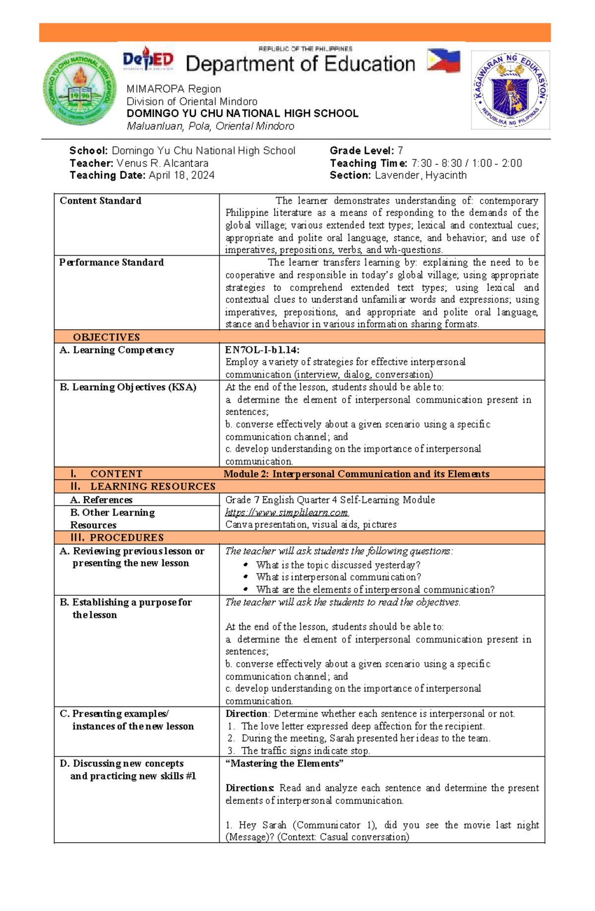 Grade 7 English Q4 Module 2: Interpersonal Communication (Lavender ...