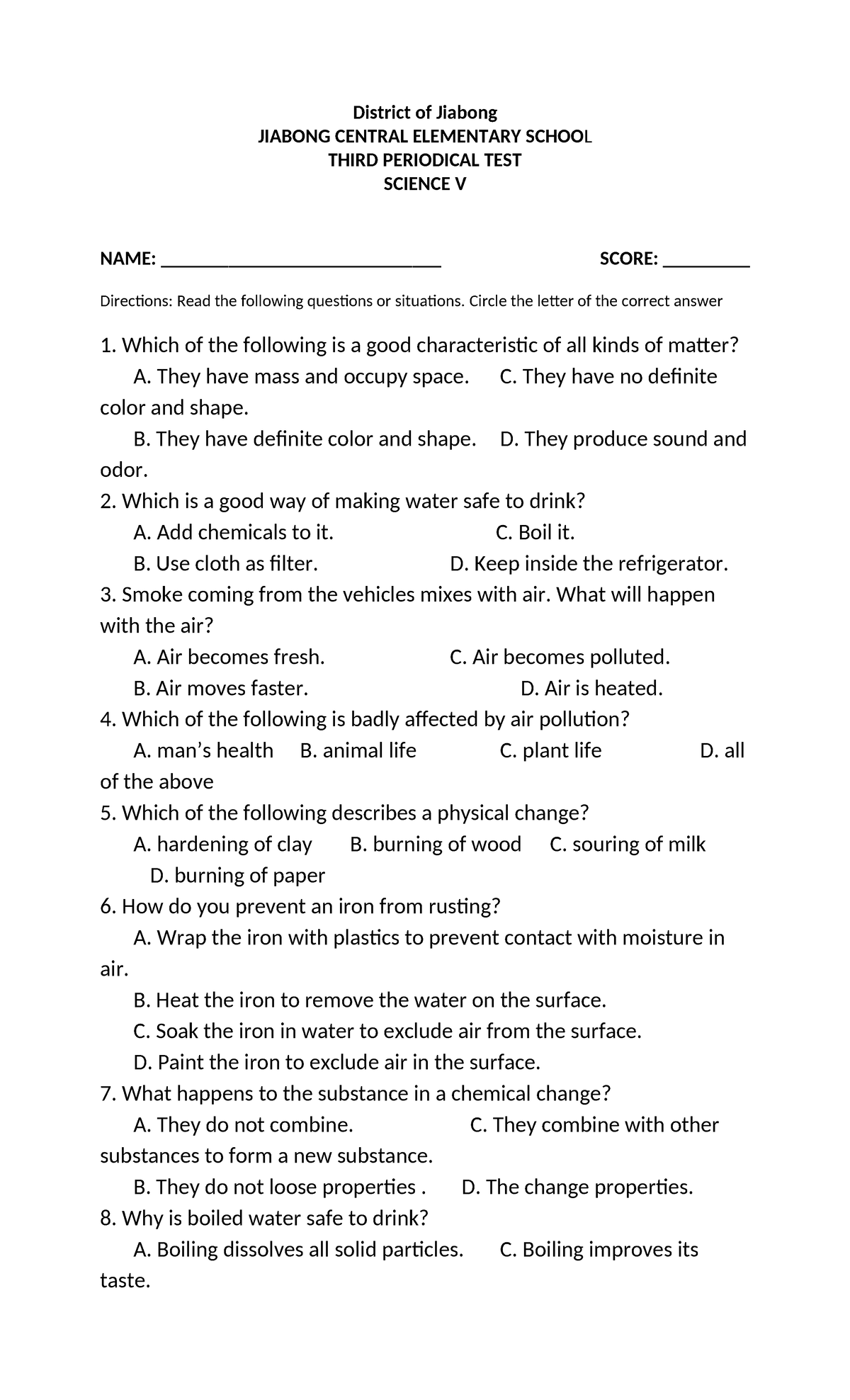 PT Science 5 Third Periodical Test Questions and Answers - Studocu