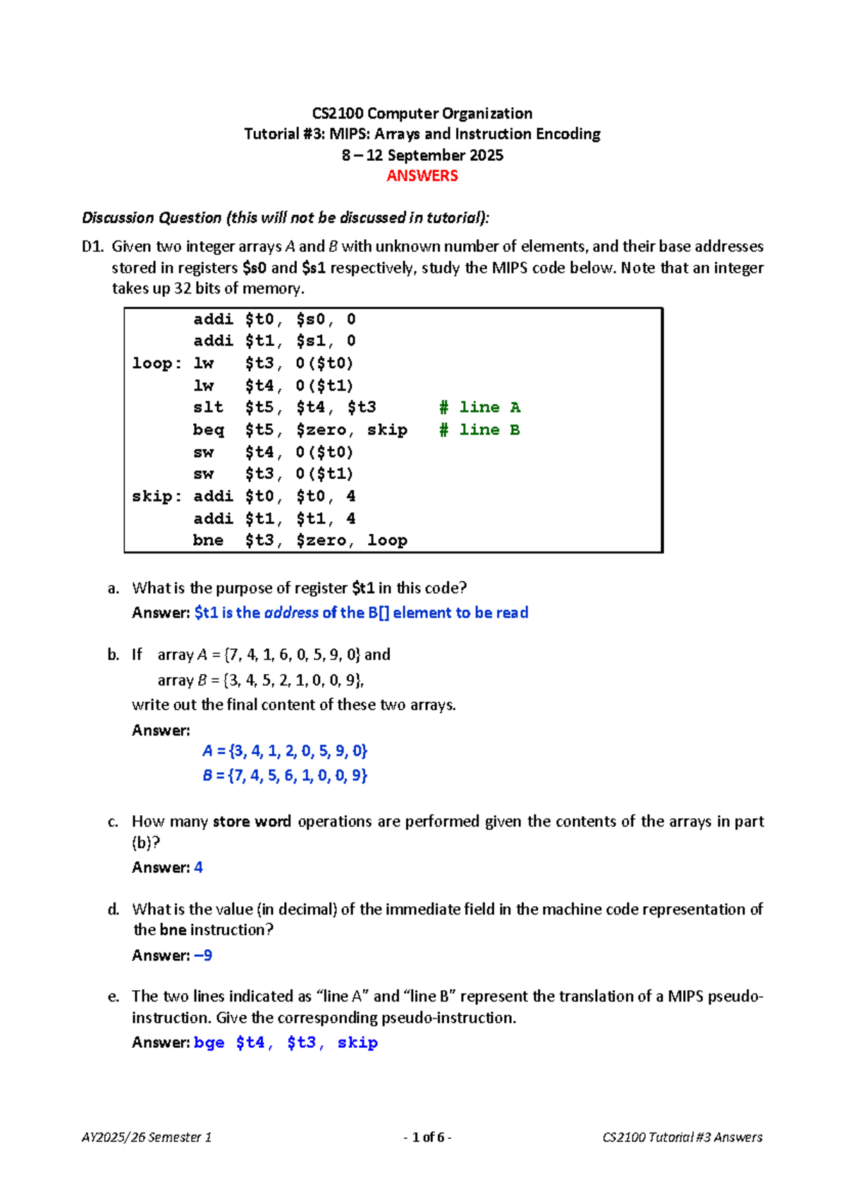 CS2100 Tutorial 3 Answers: MIPS Arrays & Instruction Encoding - Studocu