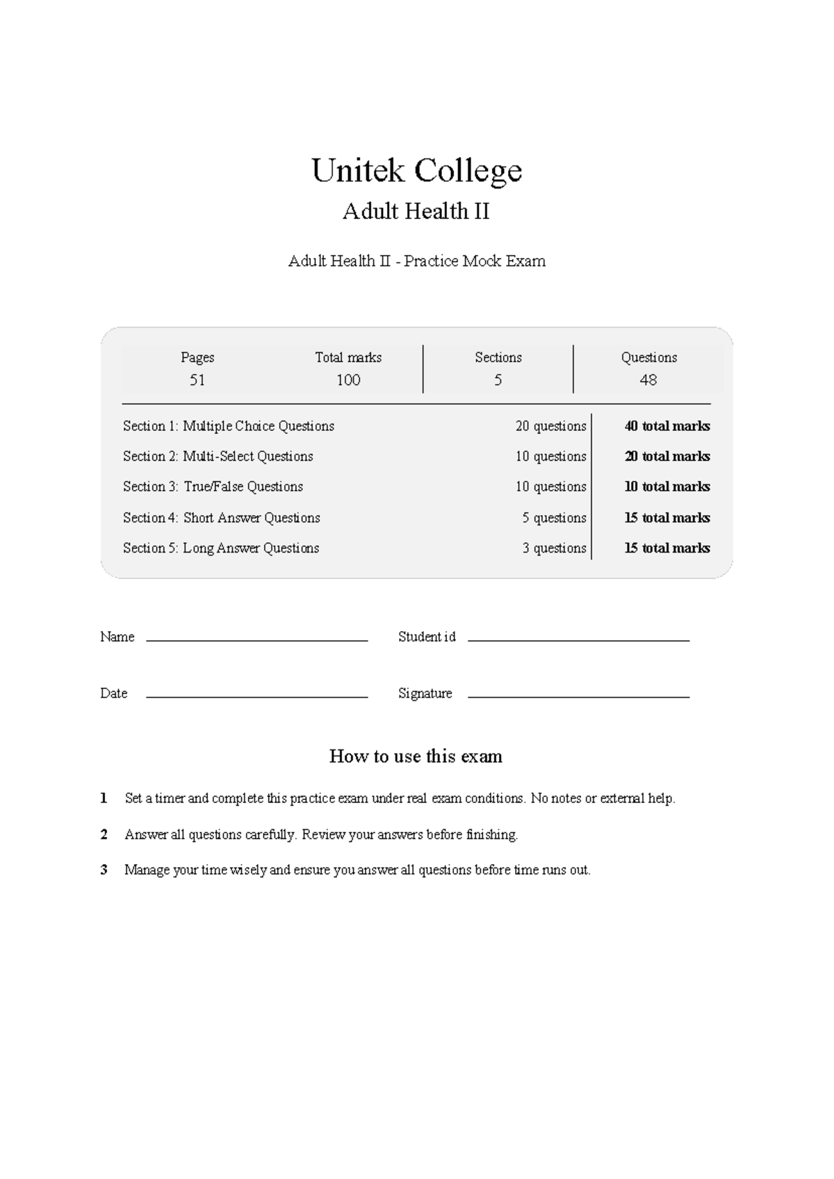 Unitek College Adult Health II Practice Mock Exam Review - Studocu