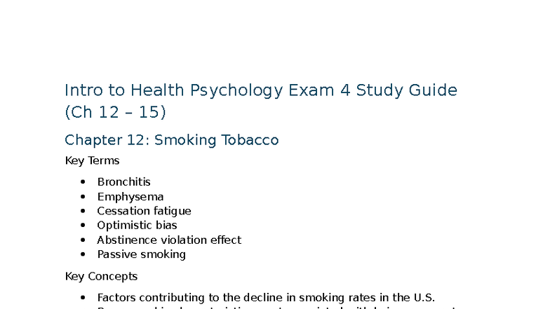 PSY 241 Intro to Health Psychology Exam 4 Study Guide - Studocu