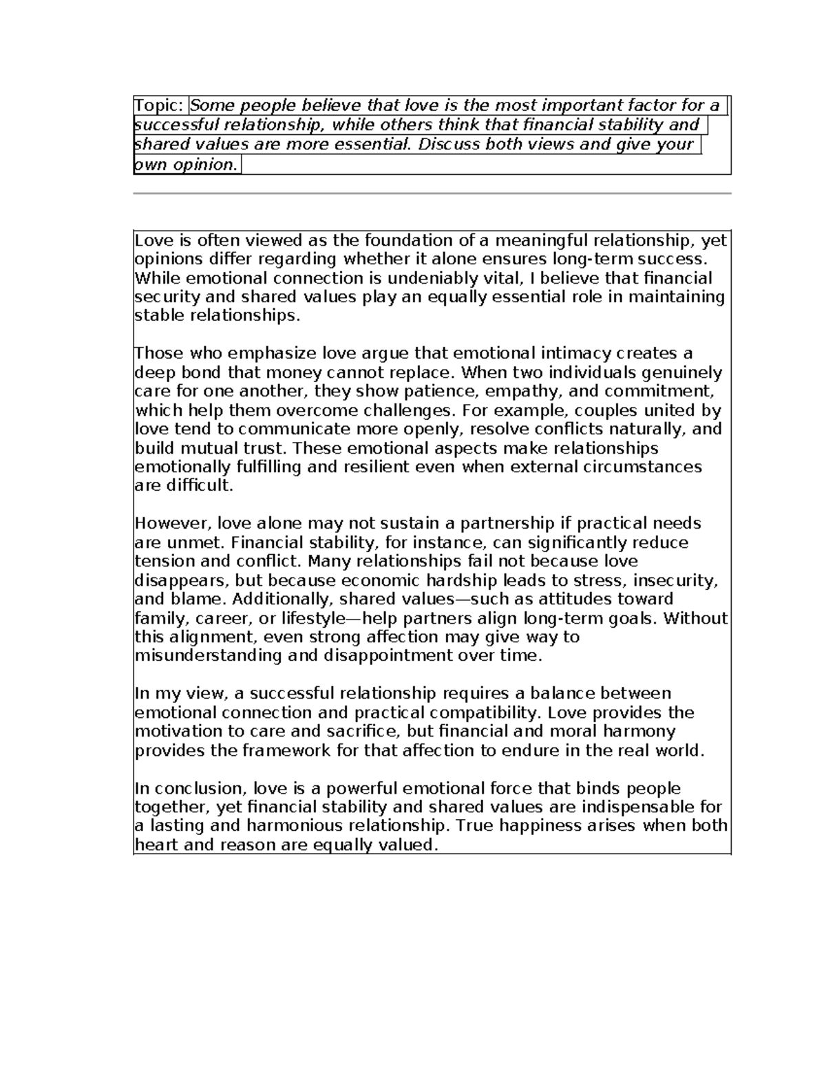 Essay Notes: Love vs. Financial Stability in Relationships - Studocu