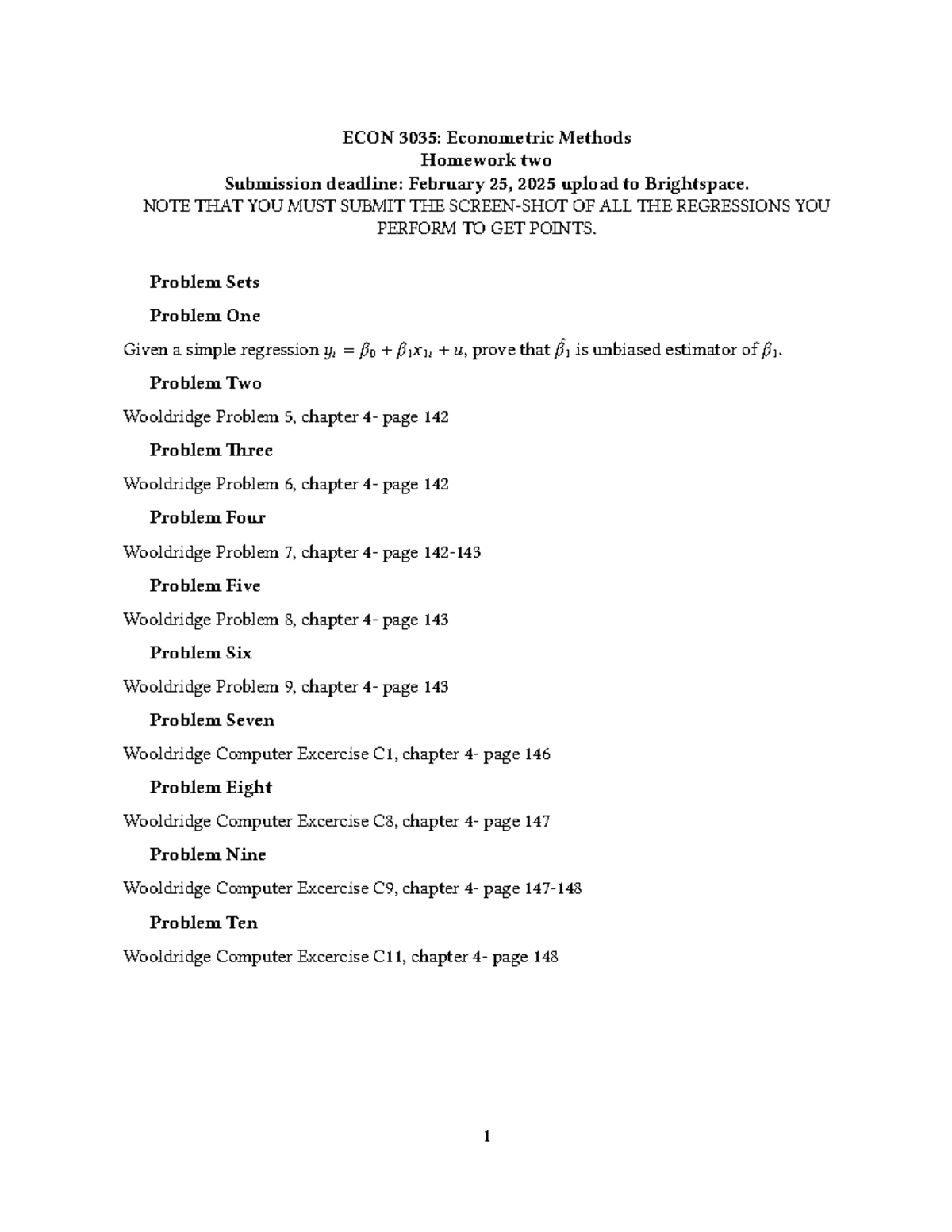SP 2025 HW-2 - Assignment - ECON 3035: Econometric Methods Homework two Submission deadline ...