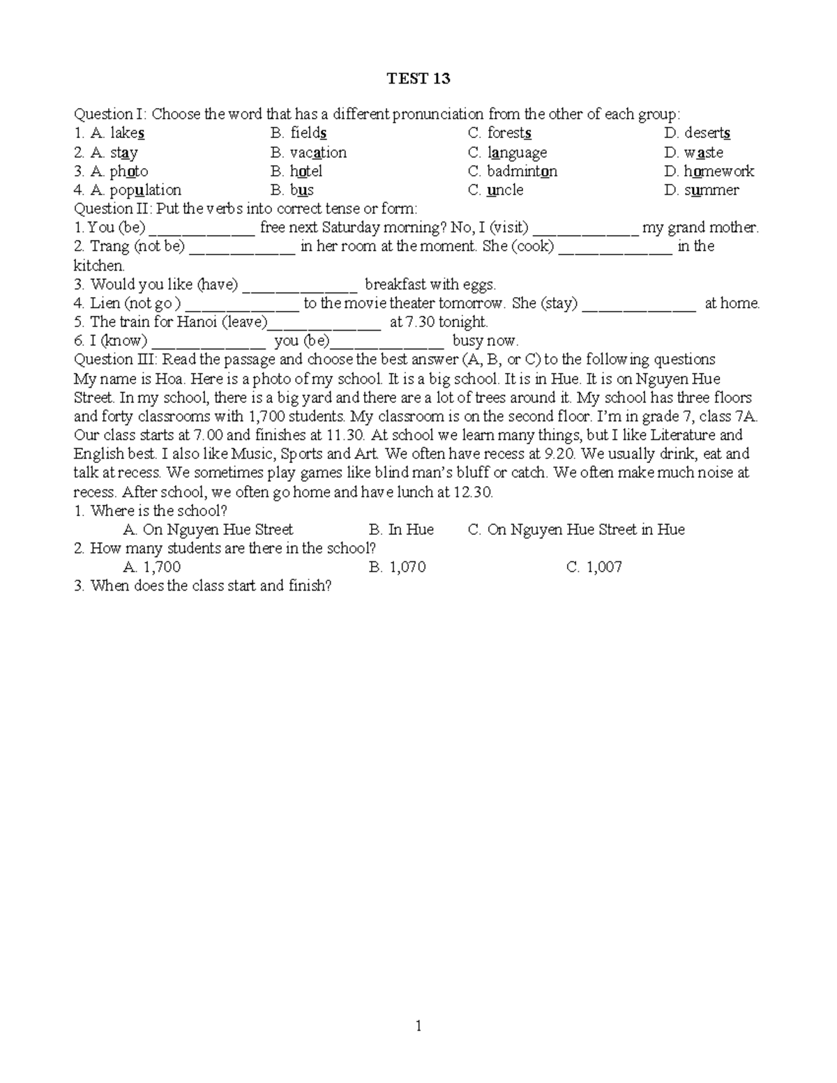 TEST 13-15: High School English Exam Questions and Answers - Studocu