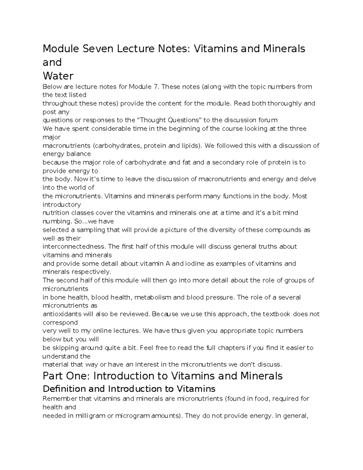 Module 7 Lecture Notes: Exploring Vitamins, Minerals, and Water - Studocu