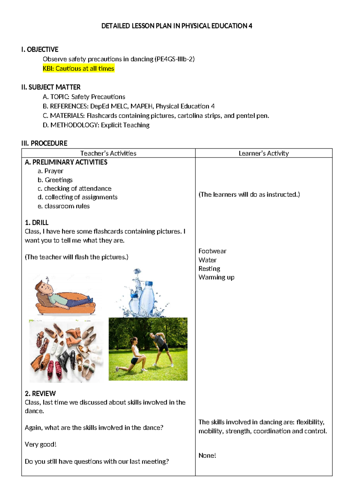 Detailed Lesson Plan: Safety Precautions in PE 4 - Studocu