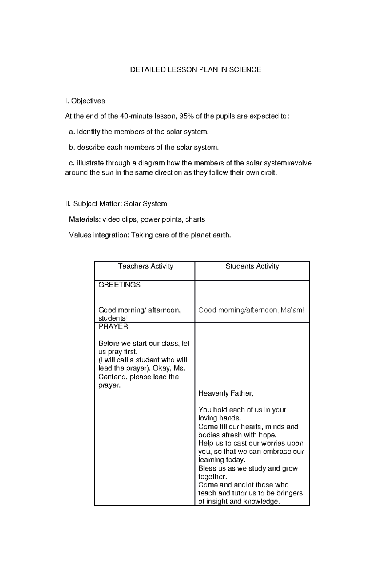 Detailed Lesson Plan: Exploring the Solar System in Science - Studocu