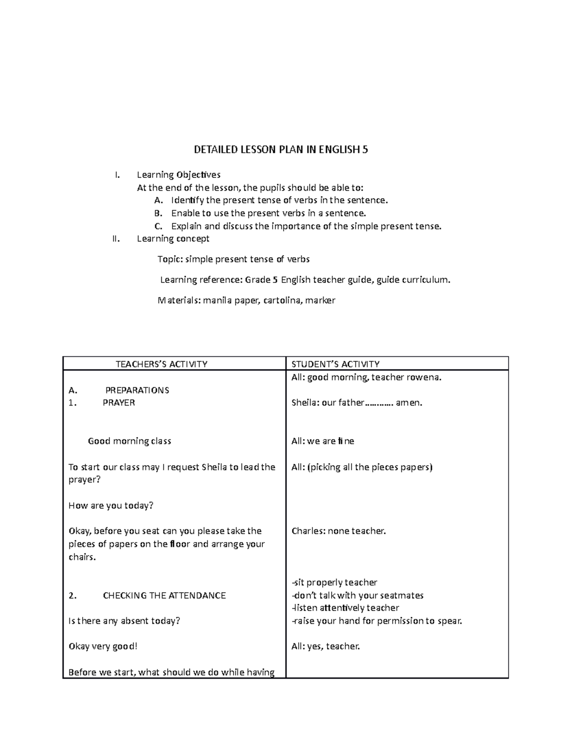 Detailed Lesson Plan: Simple Present Tense - Grade 5 English (BEED 3B ...