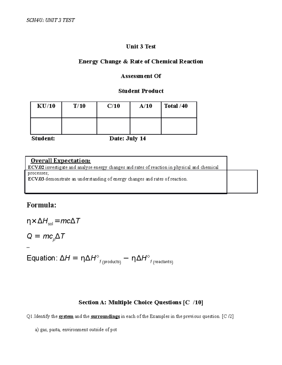 SCH4U-U3 Test - Chemistry test grade 12 - Unit 3 Test Energy Change ...