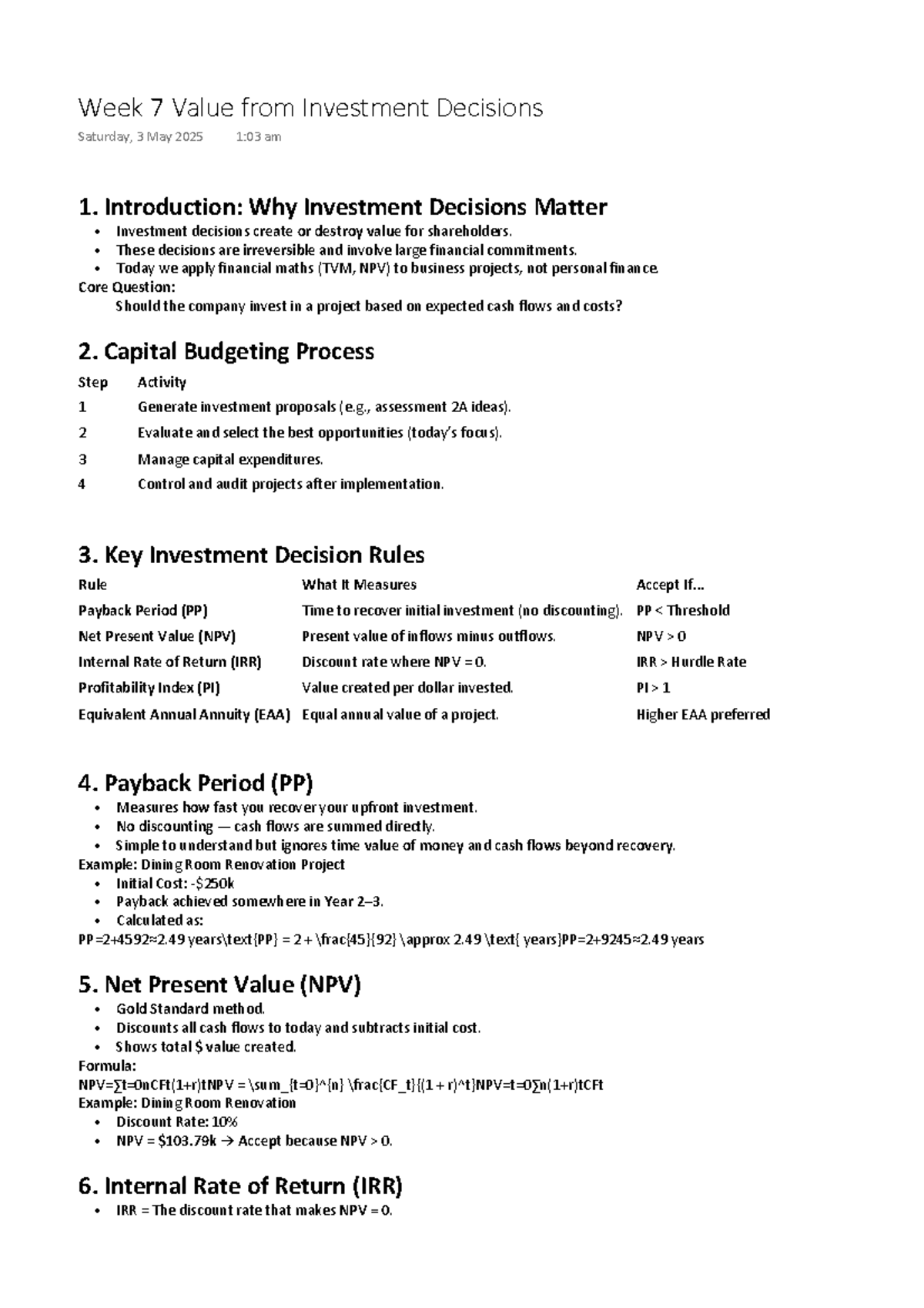 Week 7 Lecture Notes: Value from Investment Decisions - Studocu