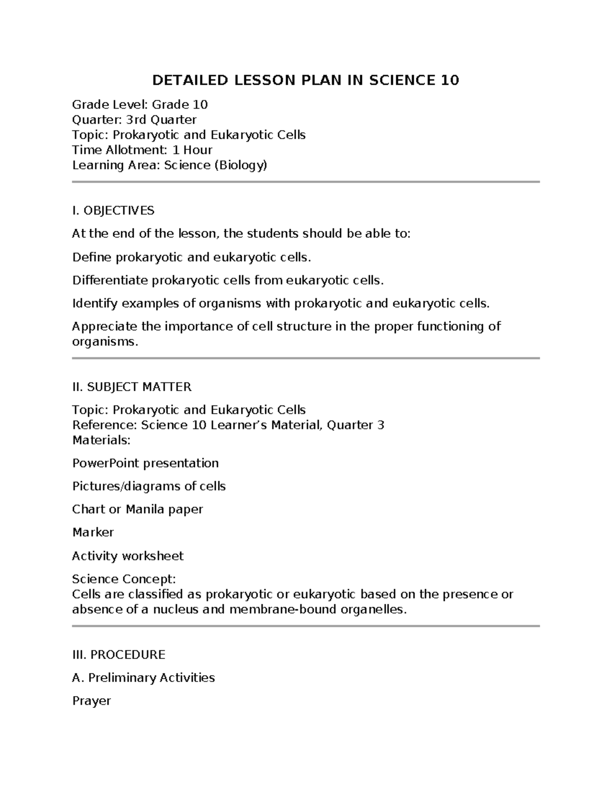 Detailed Lesson Plan: Prokaryotic & Eukaryotic Cells (Sci 10) - Studocu