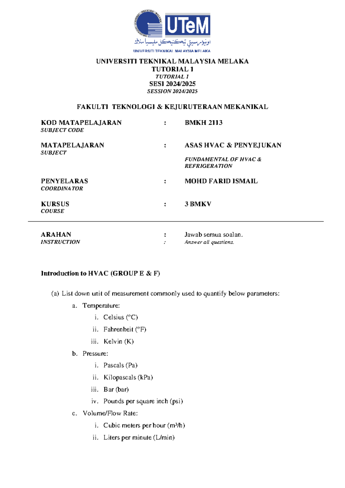 BMKH 2113: Tutorial 1 - Fundamentals of HVAC Refrigeration - Studocu