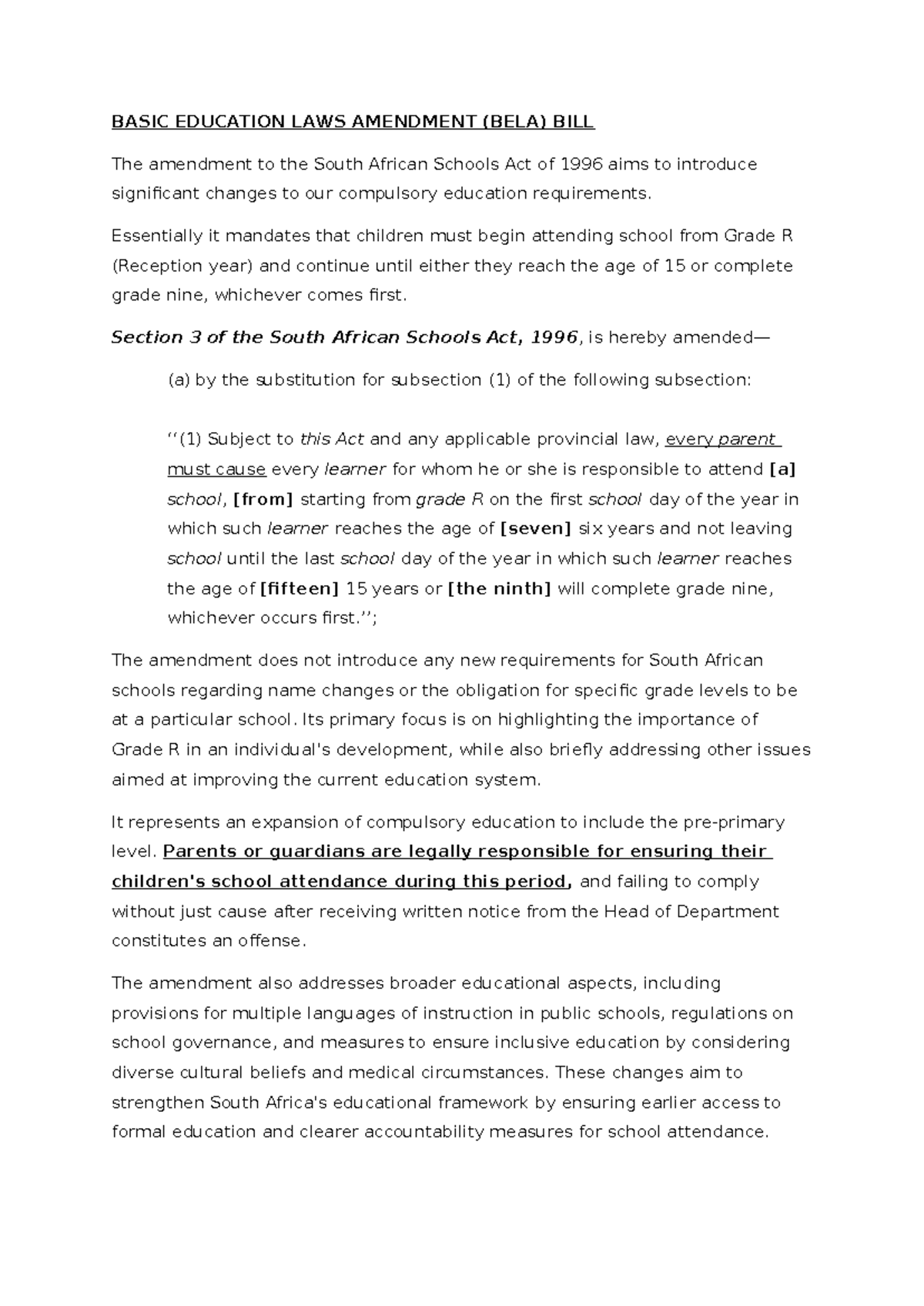 BELA Bill: Major Amendments to South African Basic Education Laws - Studocu