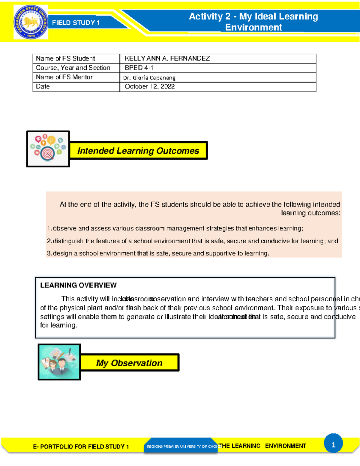 Field Study 1 - Environment Assessment and Classroom Management ...