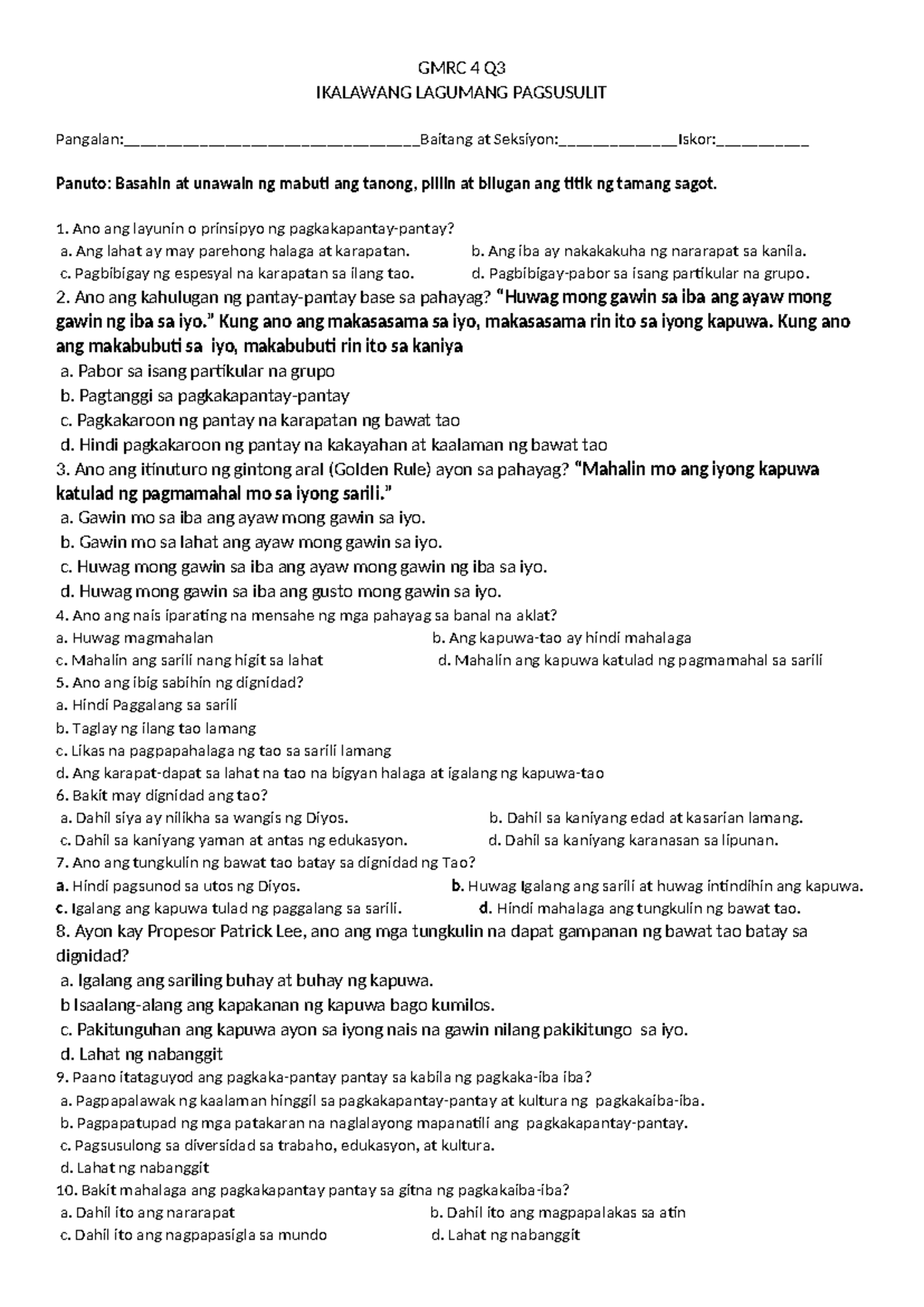 GMRC 4 Q3 Ikalawang Lagumang Pagsusulit - Assignment - Studocu