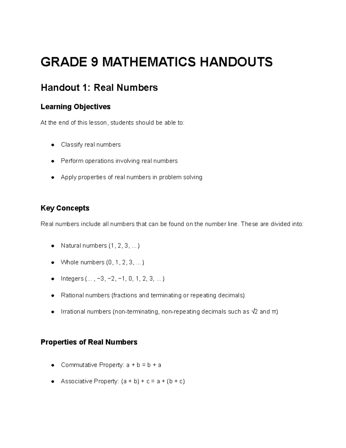 GRADE 9 MATH HANDOUTS: Real Numbers, Polynomials & Geometry - Studocu