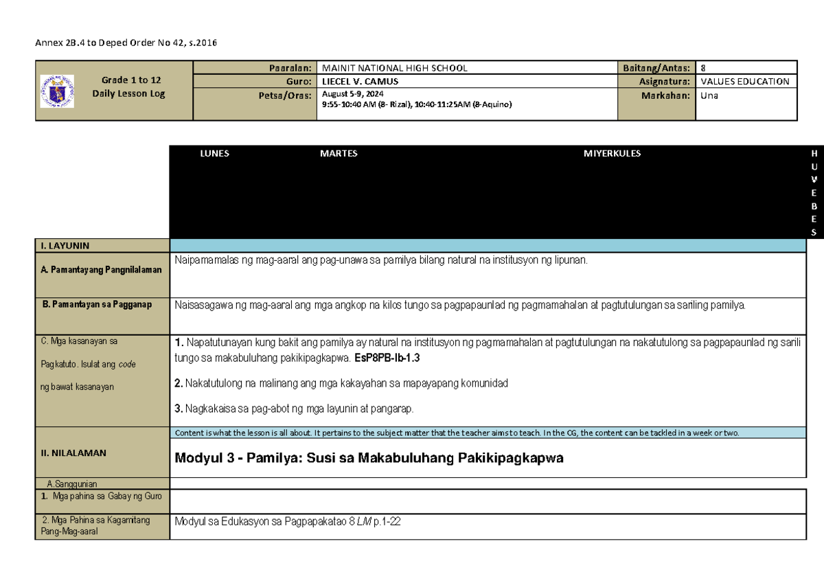 VAL ED 8 Q1 Week 2 Lesson Log on Edukasyon sa Pagpapakatao - Studocu