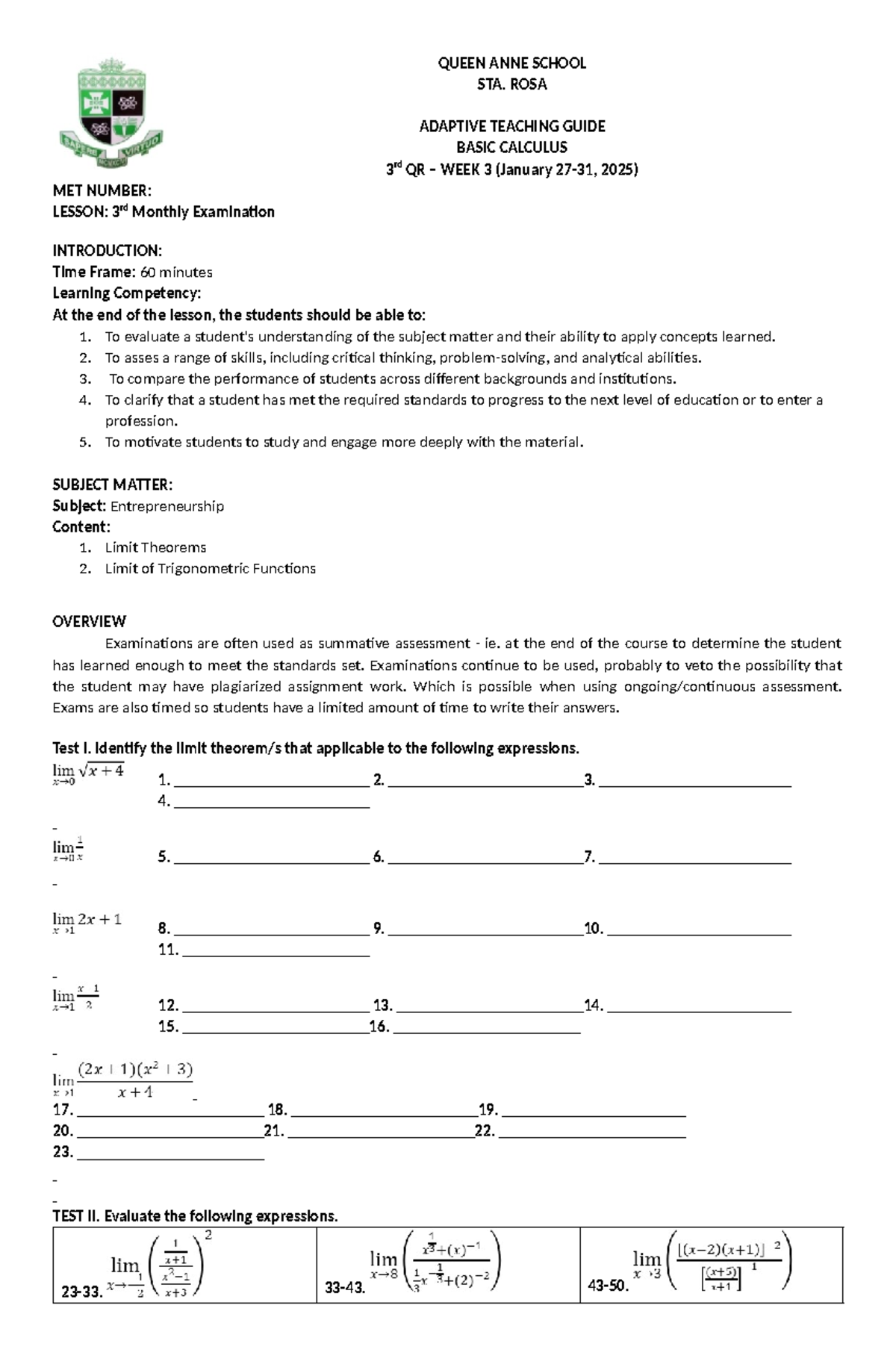 QUEEN ANNE SCHOOL STA. ROSA BASIC CALCULUS 3rd QR WEEK 3 EXAM GUIDE ...
