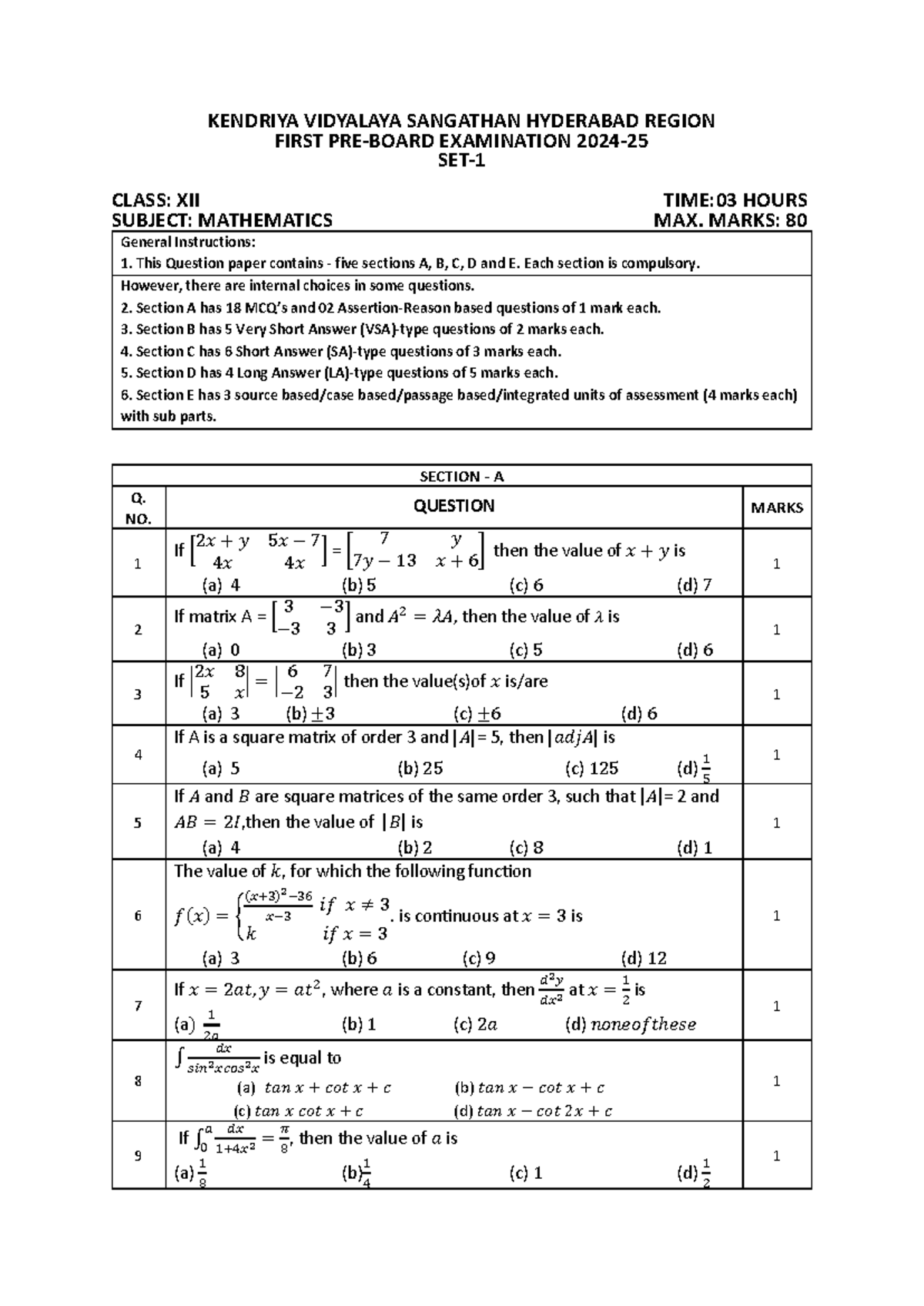 XII MATH PB1 QP-1 - Practice Pre-Board Examination Paper - Studocu