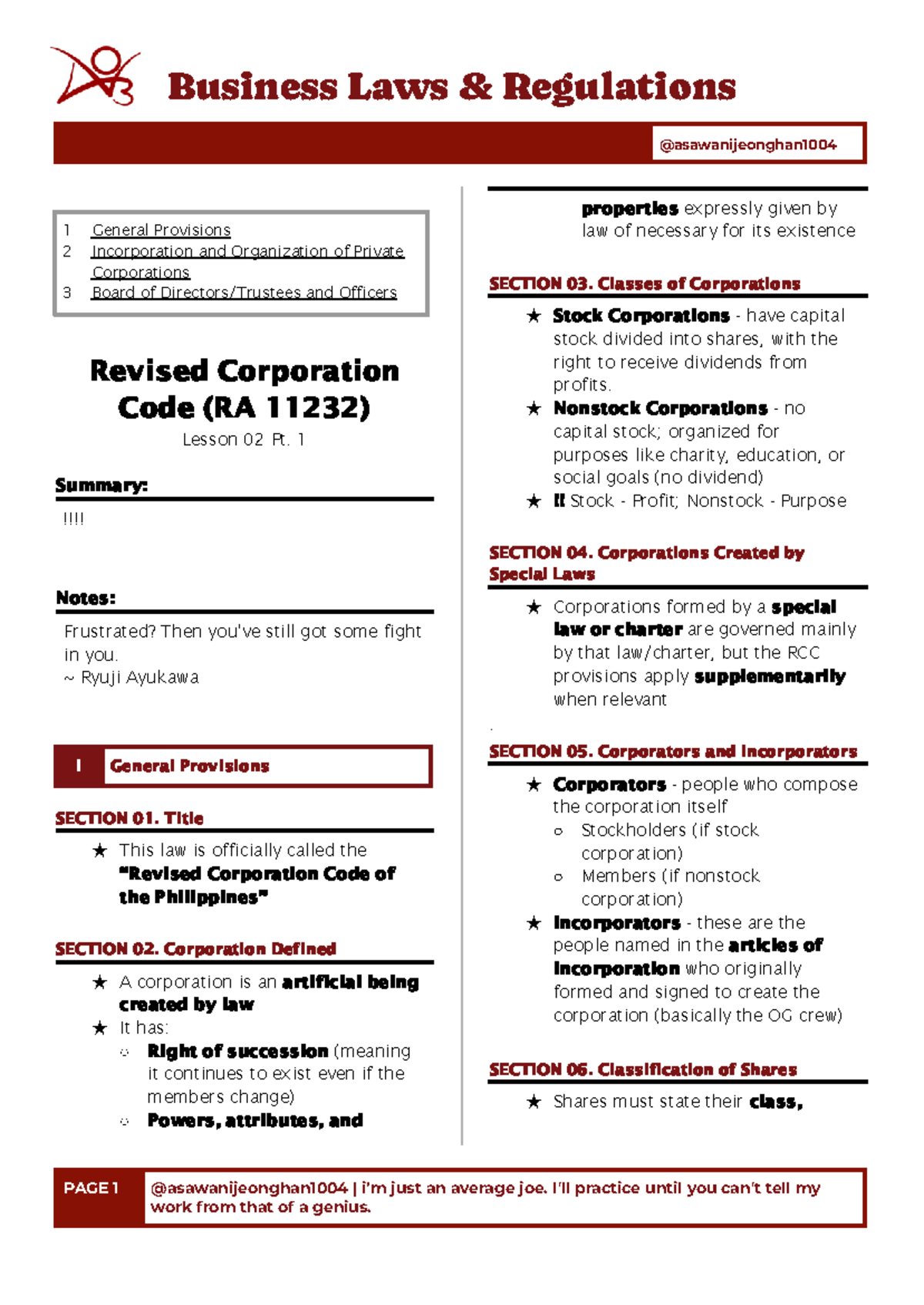 Business Laws Regulations 1-3: Overview of Corporations and Governance ...