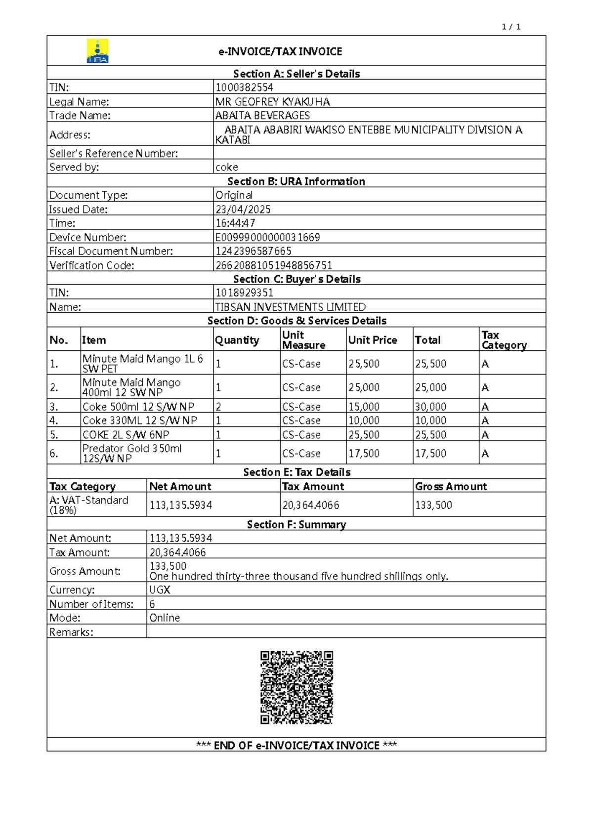 e-INVOICE/TAX INVOICE for Uganda EFRIS System TIN: 1000382554 - Studocu
